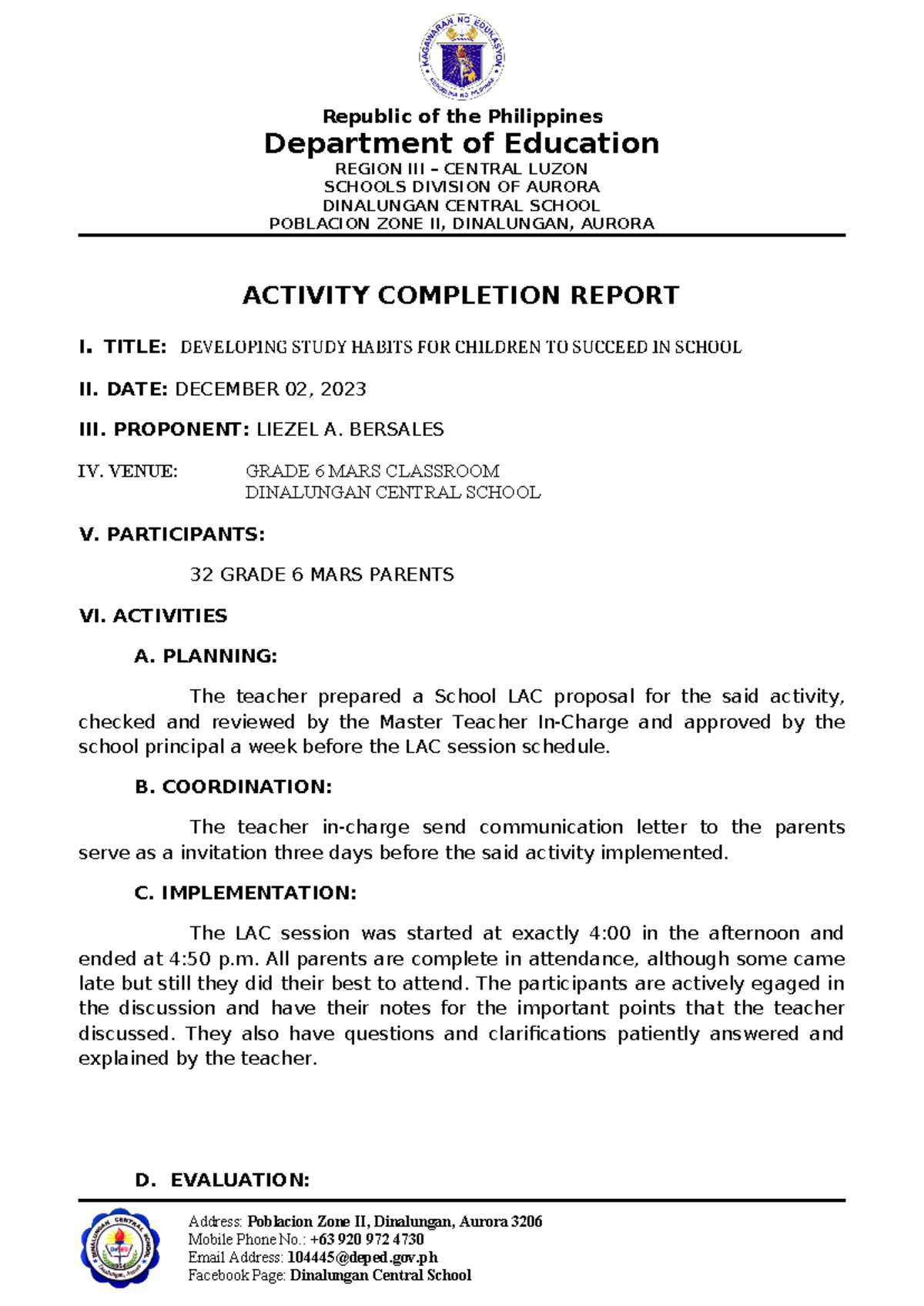 ACR PLAC - acr - Department of Education REGION III – CENTRAL LUZON ...