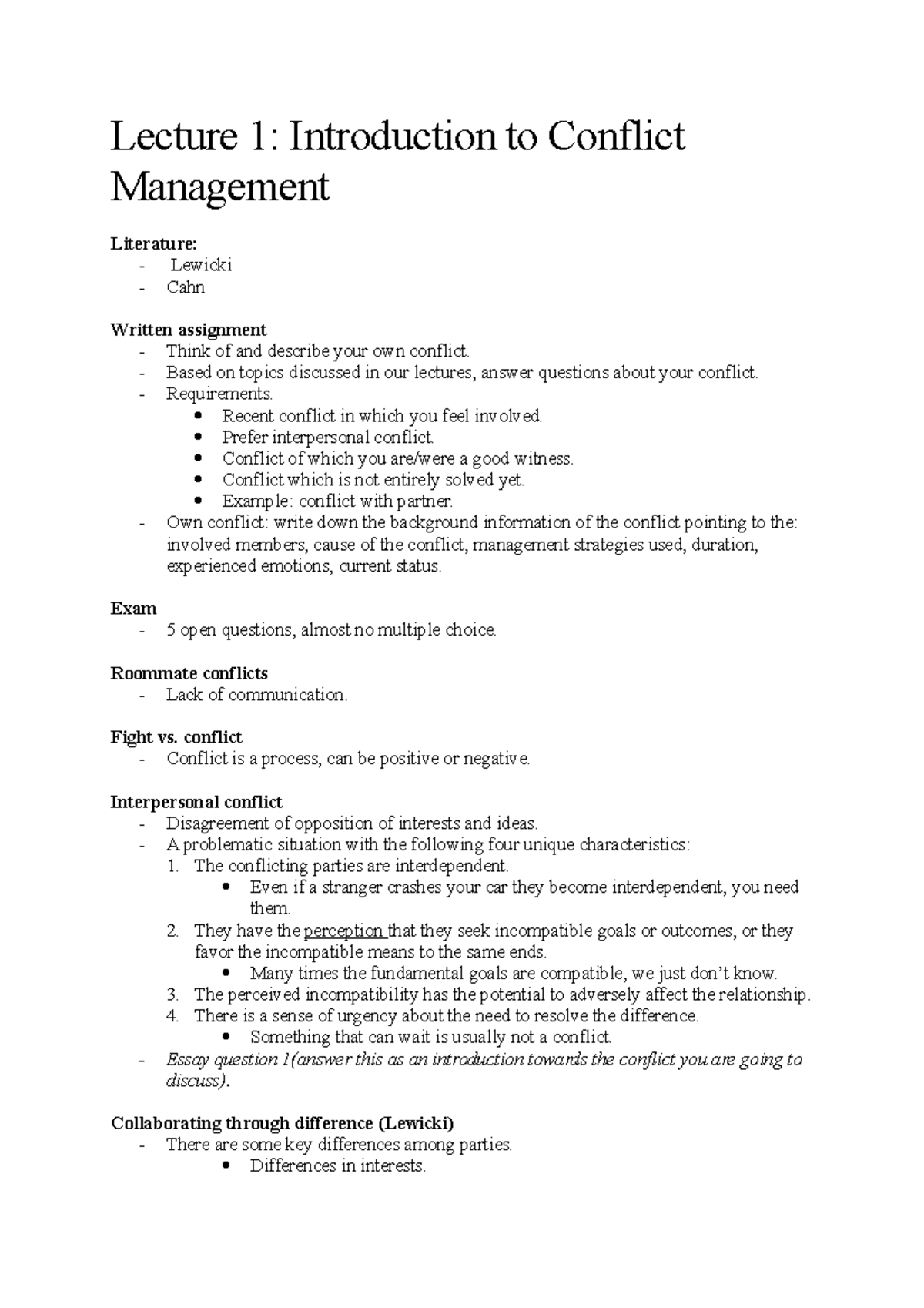 Conflict Management - College aantekeningen - Lecture 1: Introduction ...