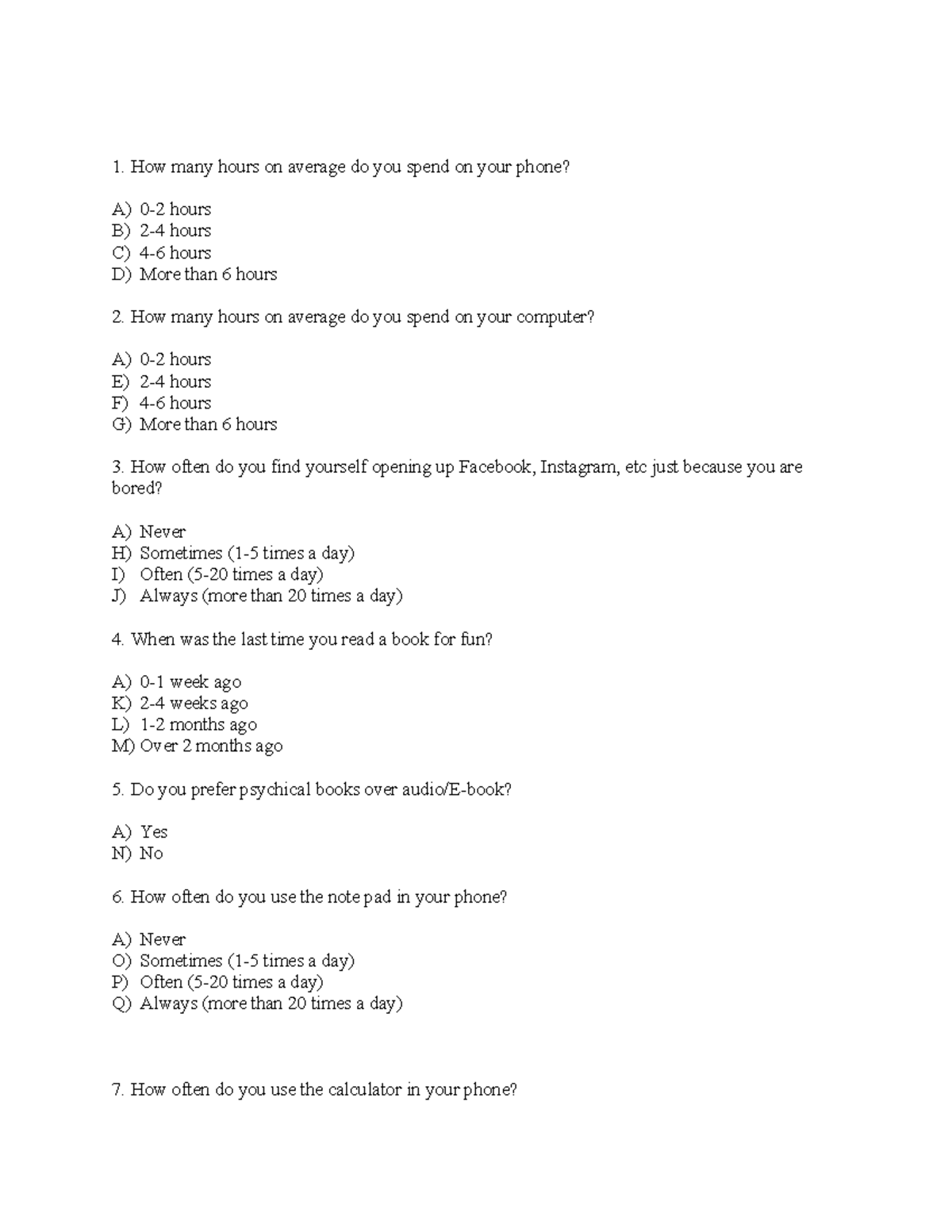 Survey Questions How Many Hours On Average Do You Spend On Your Phone 