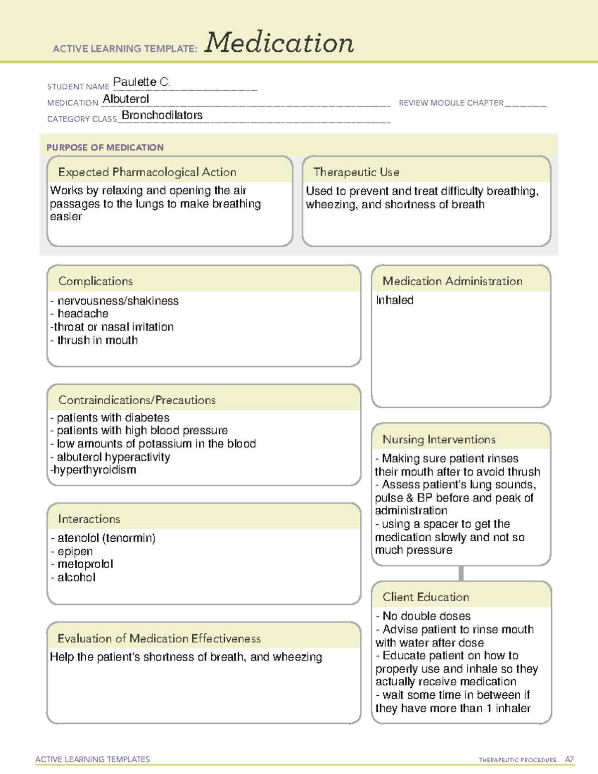 Drug card - albuterol (lab) - ACTIVE LEARNING TEMPLATES THERAPEUTIC ...