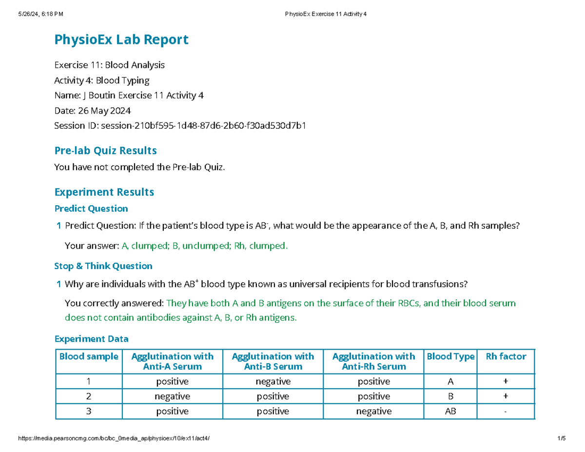 J Boutin - Physio Ex Exercise 11 Activity 4 - PhysioEx Lab Report Exercise 11 : Blood Analysis ...