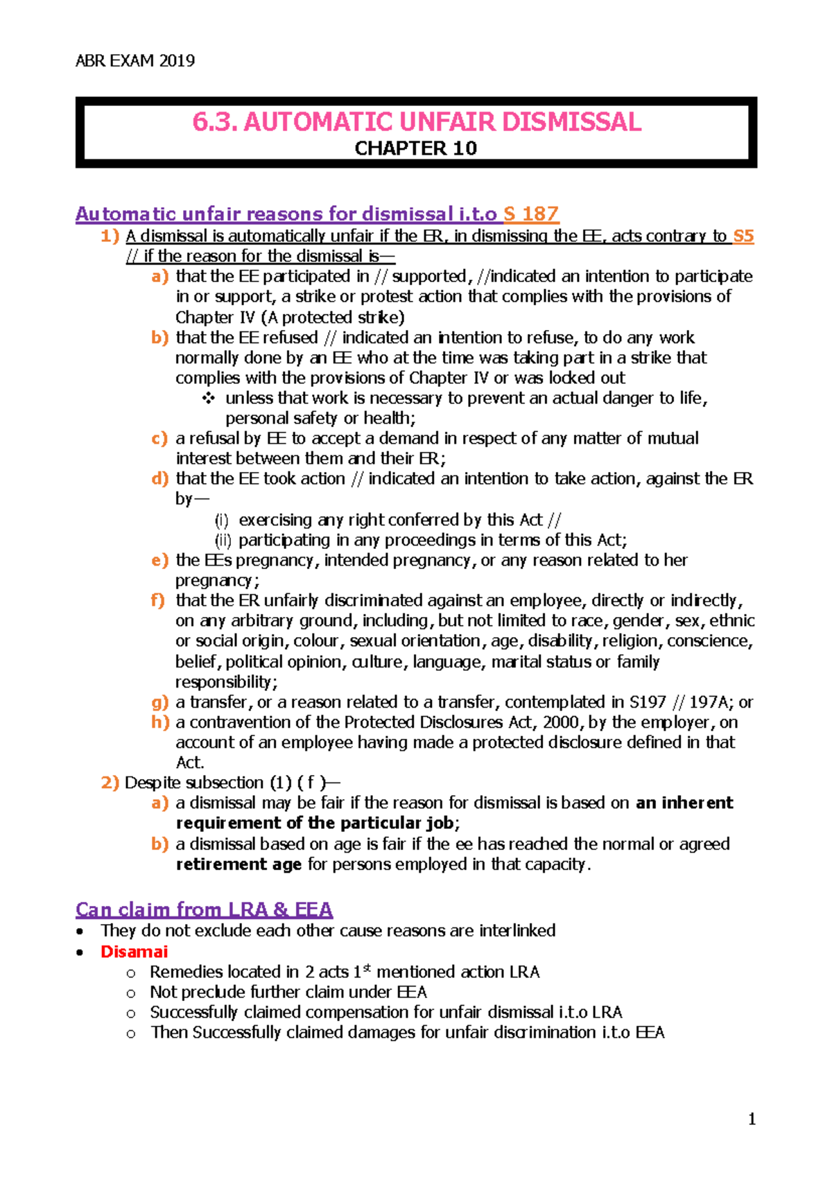 AUTO Unfair Dismissal - ABR EXAM 2019 Automatic unfair reasons for dismissal i.t S 187 A ...
