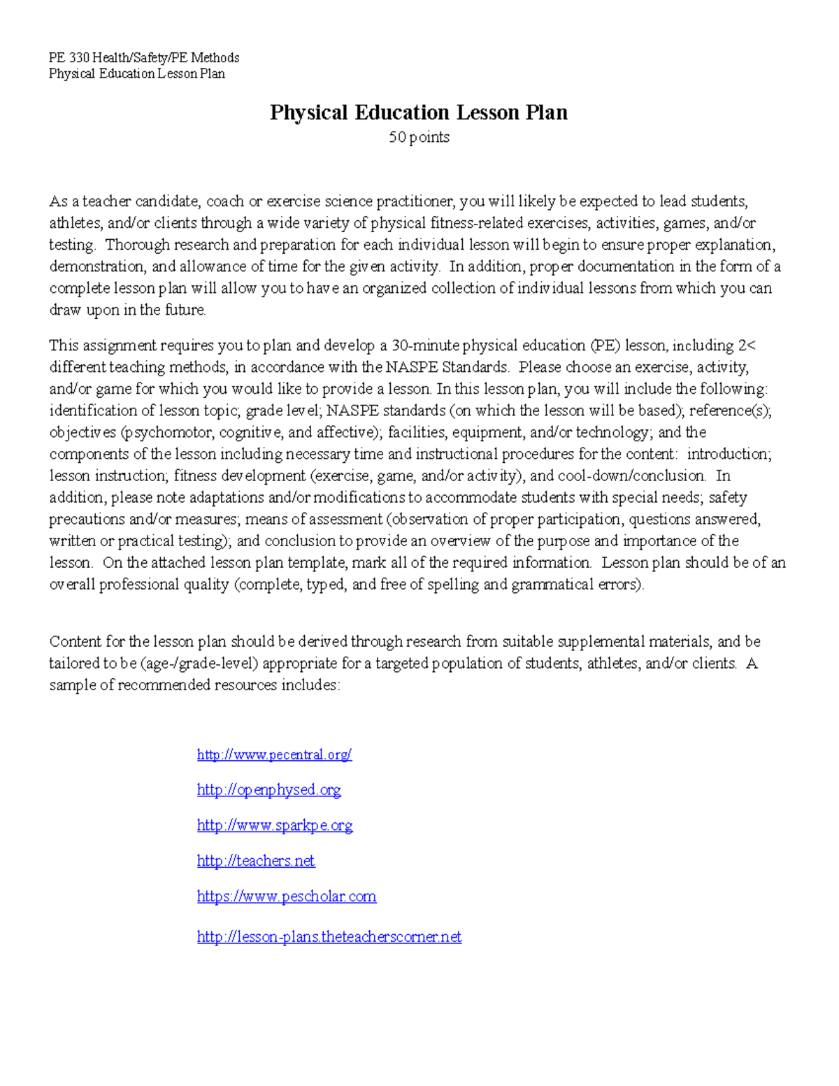 PE 330 PE lesson plan assignment, template, rubric 50 - Physical ...
