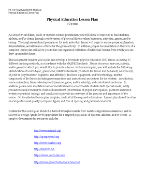 PE 330 PE lesson plan assignment, template, rubric 50 - PE 330 Health ...