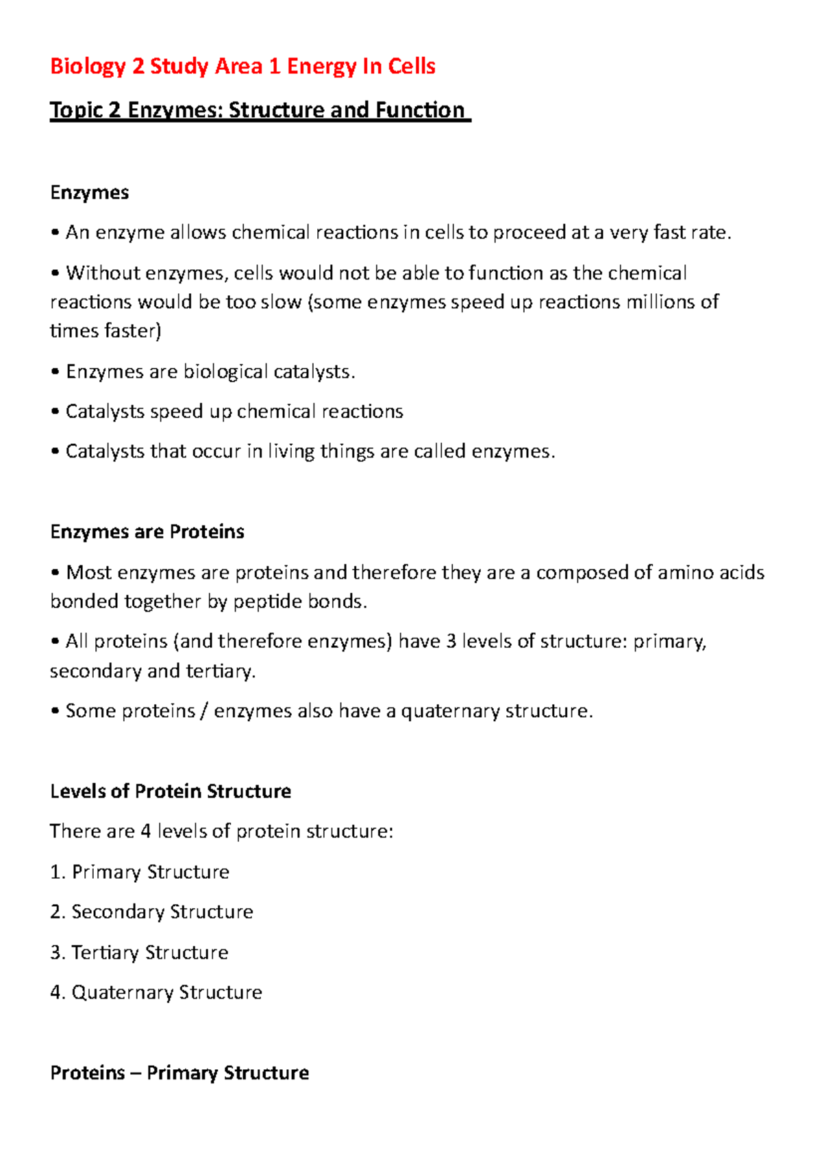 Enzymes Structure and Function - Biology 2 Study Area 1 Energy In Cells ...