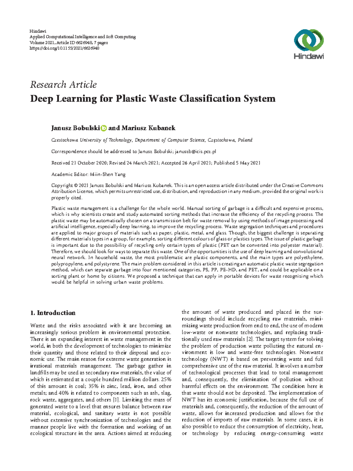 Deep Learning for Plastic Waste Classification System - Research ...