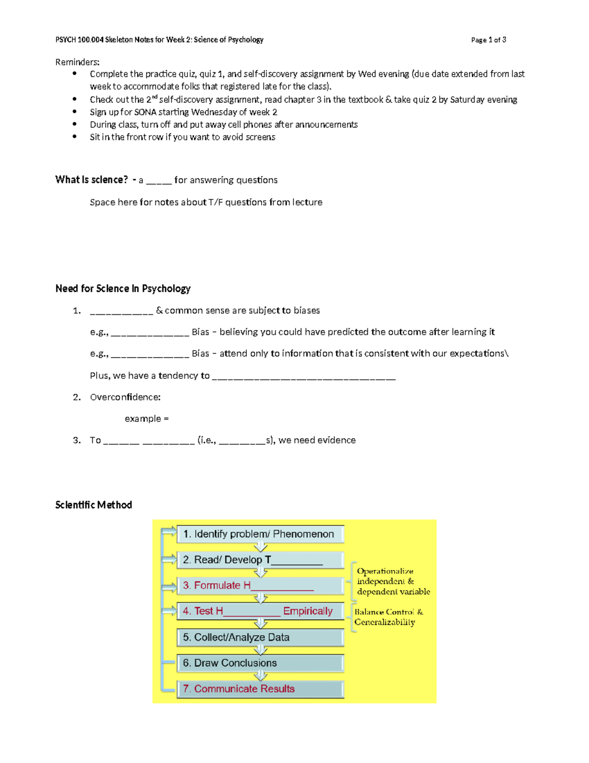 Week 2 Skeleton Notes Science - PSYCH 100 Skeleton Notes for Week 2 ...