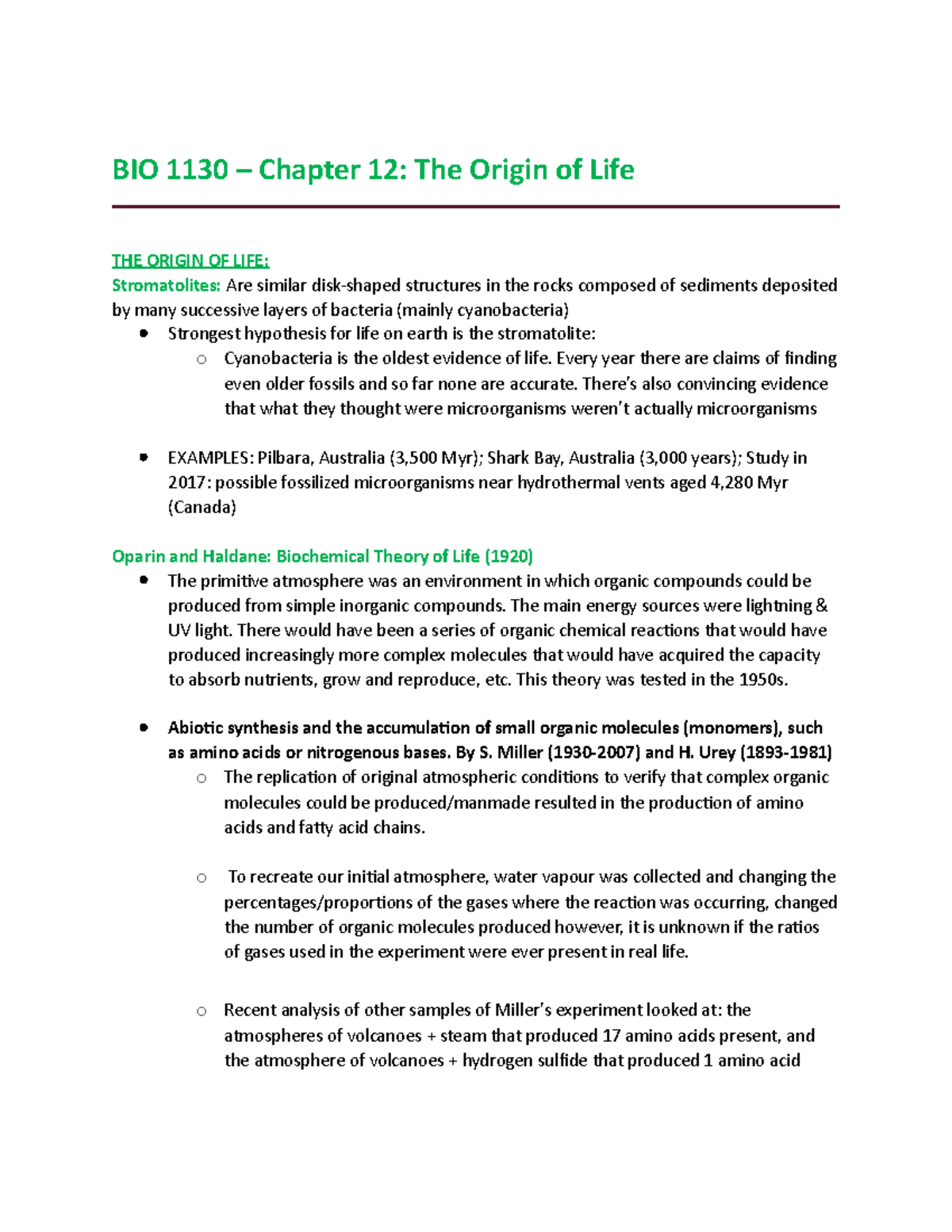 BIO 1130 - Chapter 12 - BIO 1130 – Chapter 12: The Origin of Life THE ...