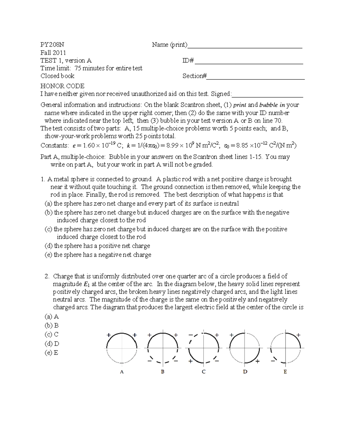 Prac Test 1A - physics 2 practice test A for test 1 problems - PY208N ...