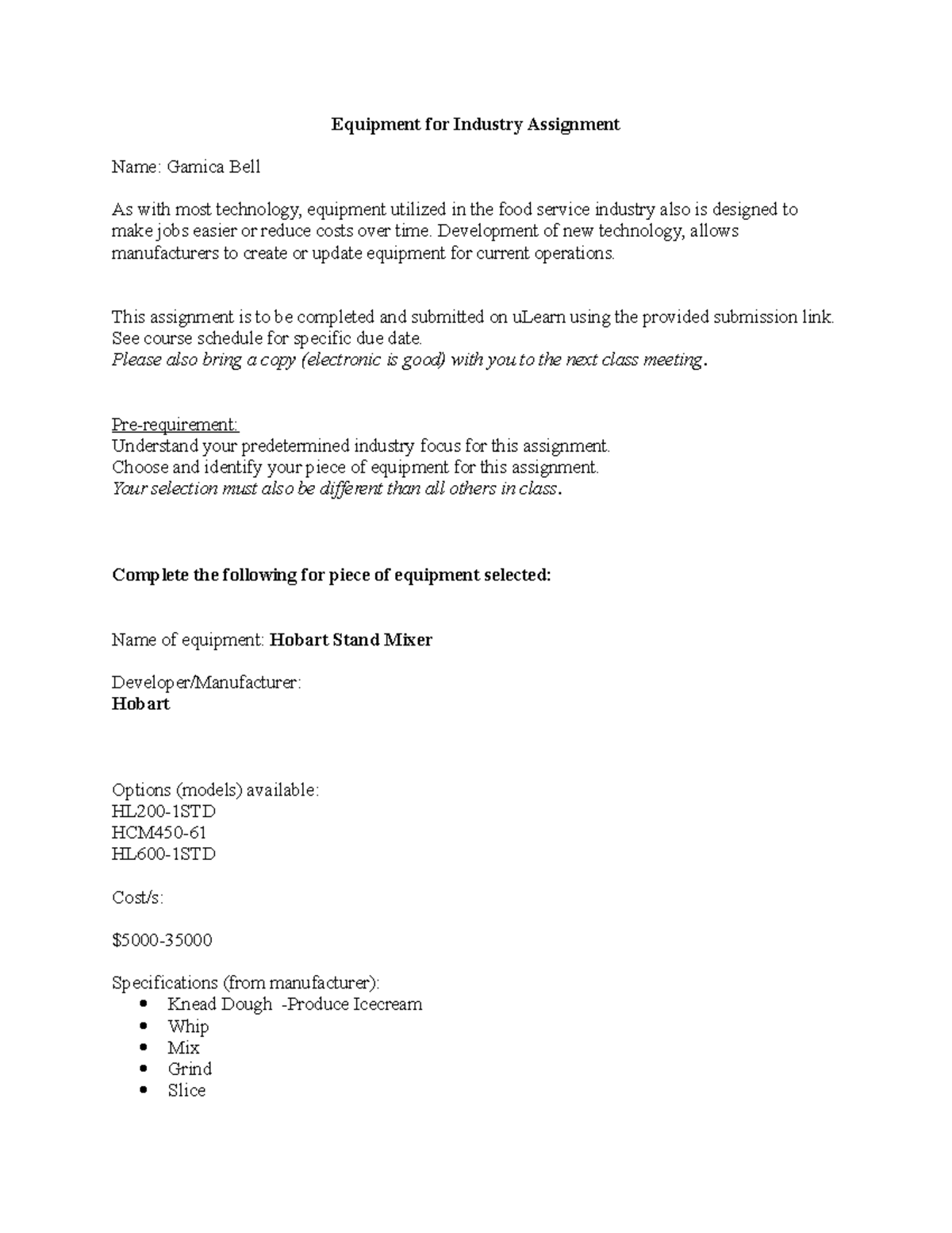 Equipment for Industry Assignment 1 - Equipment for Industry Assignment ...