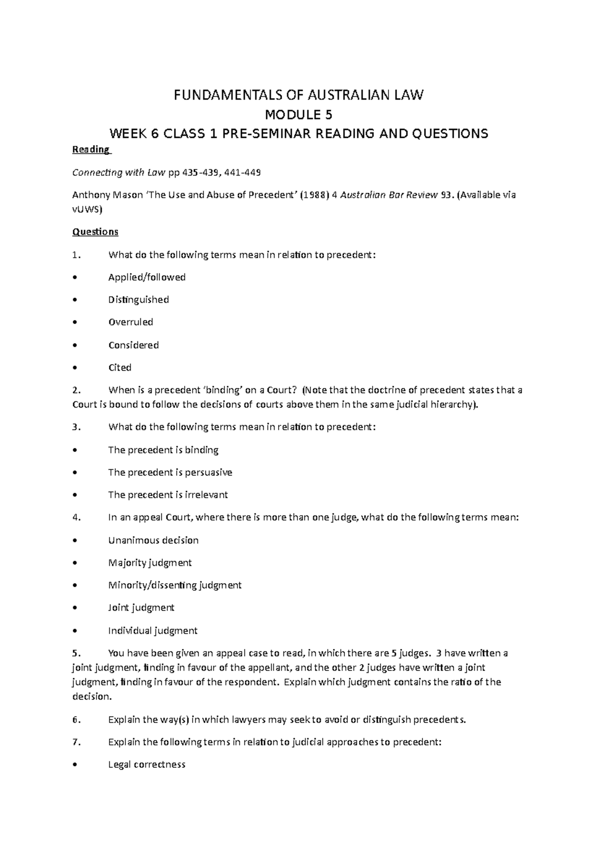 Week 6. Pre-seminar reading and questions - FUNDAMENTALS OF AUSTRALIAN LAW MODULE 5 WEEK 6 CLASS ...