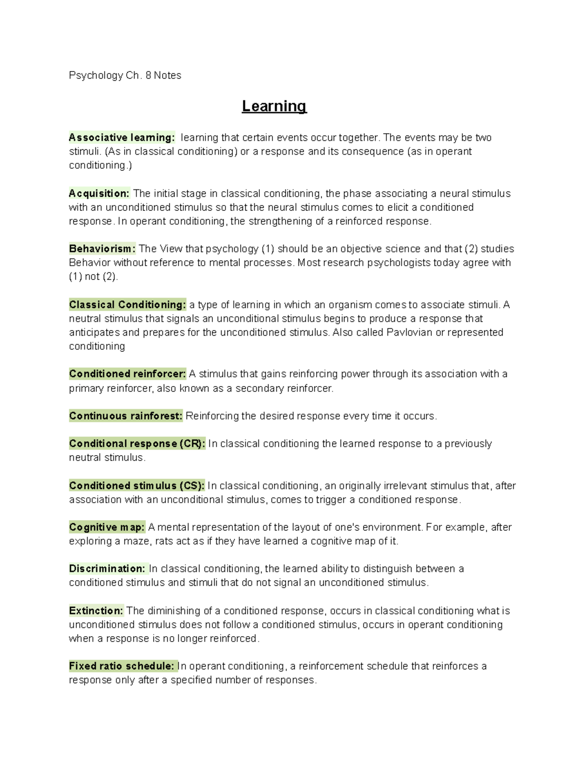 Psychology Ch - class notes - Psychology Ch. 8 Notes Learning ...