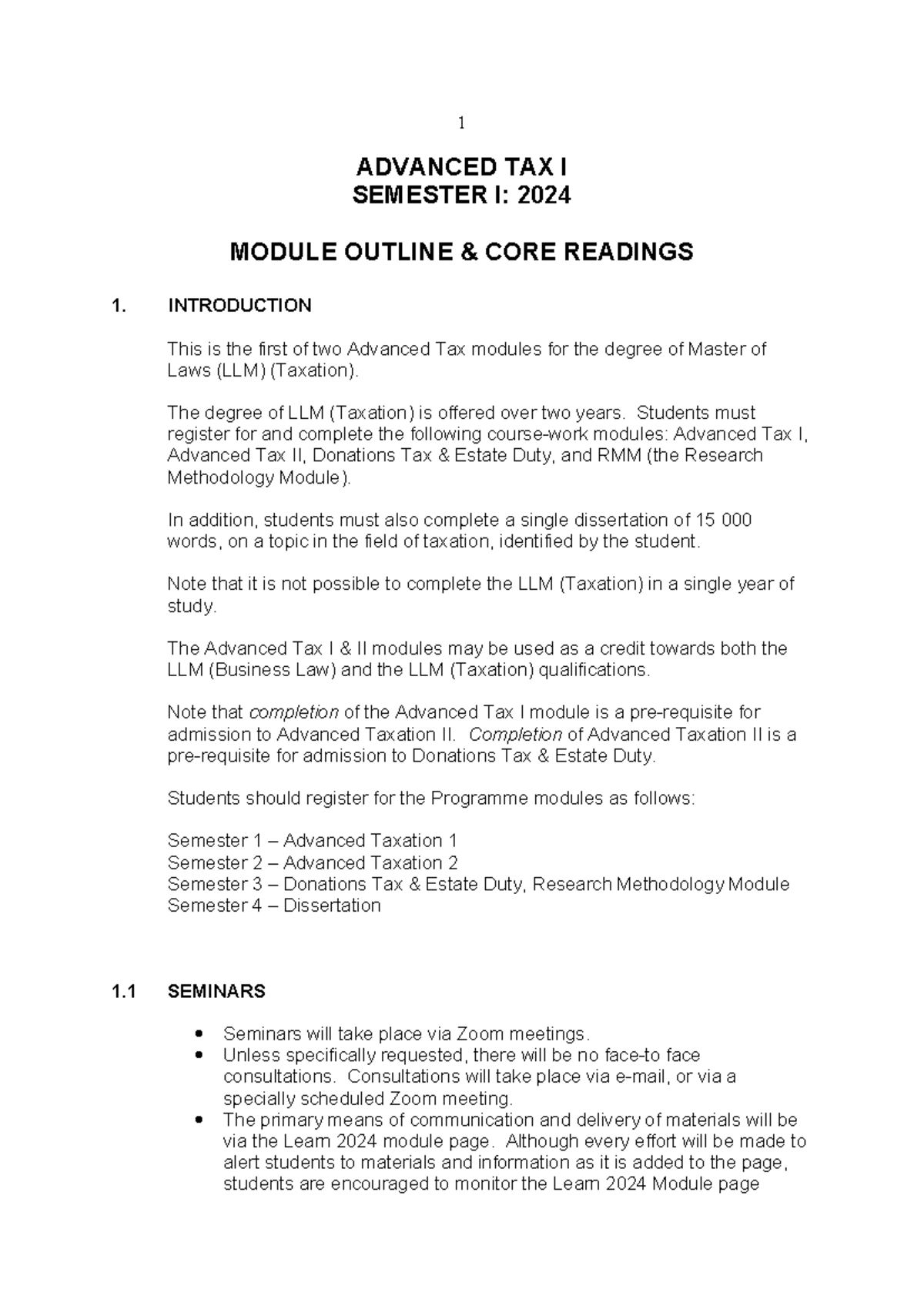 AT I Outline 2024 - ADVANCED TAX I SEMESTER I: 2024 MODULE OUTLINE ...
