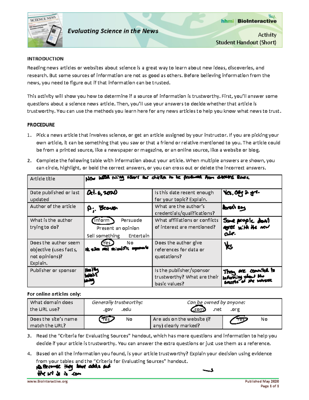 Evaluating Science News-Student HO-short-act 2 - Evaluating Science in ...