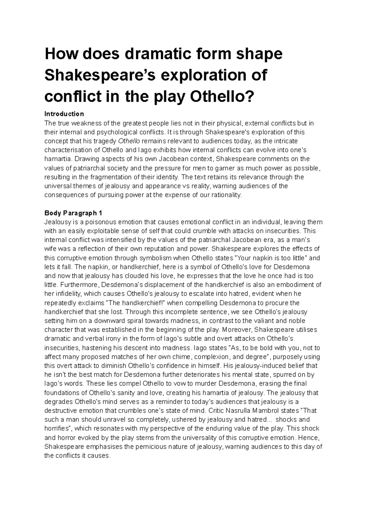 Othello essay - How does dramatic form shape Shakespeare’s exploration ...