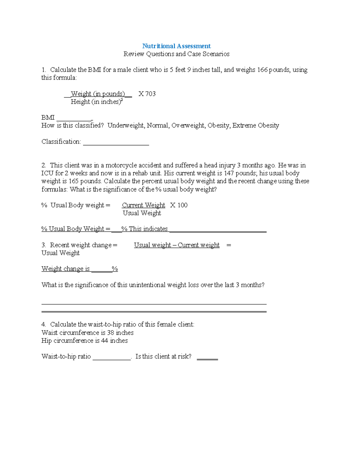 Nutritional Assessment and Review Questions - Nutritional Assessment ...