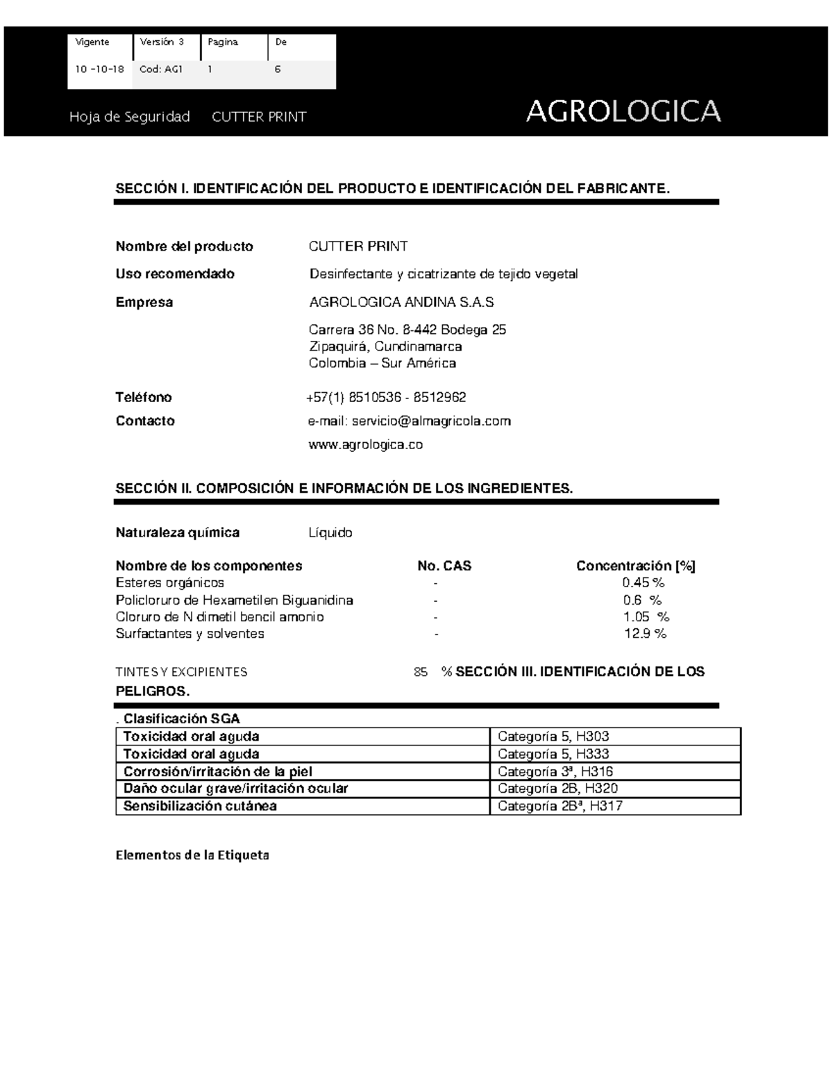 HDS- Cutter- Print - HOJA DE SEGURIDAD DE DESINFECTANTE - 10 - 10 - 18 Cod: AG1 1 6 Hoja de ...