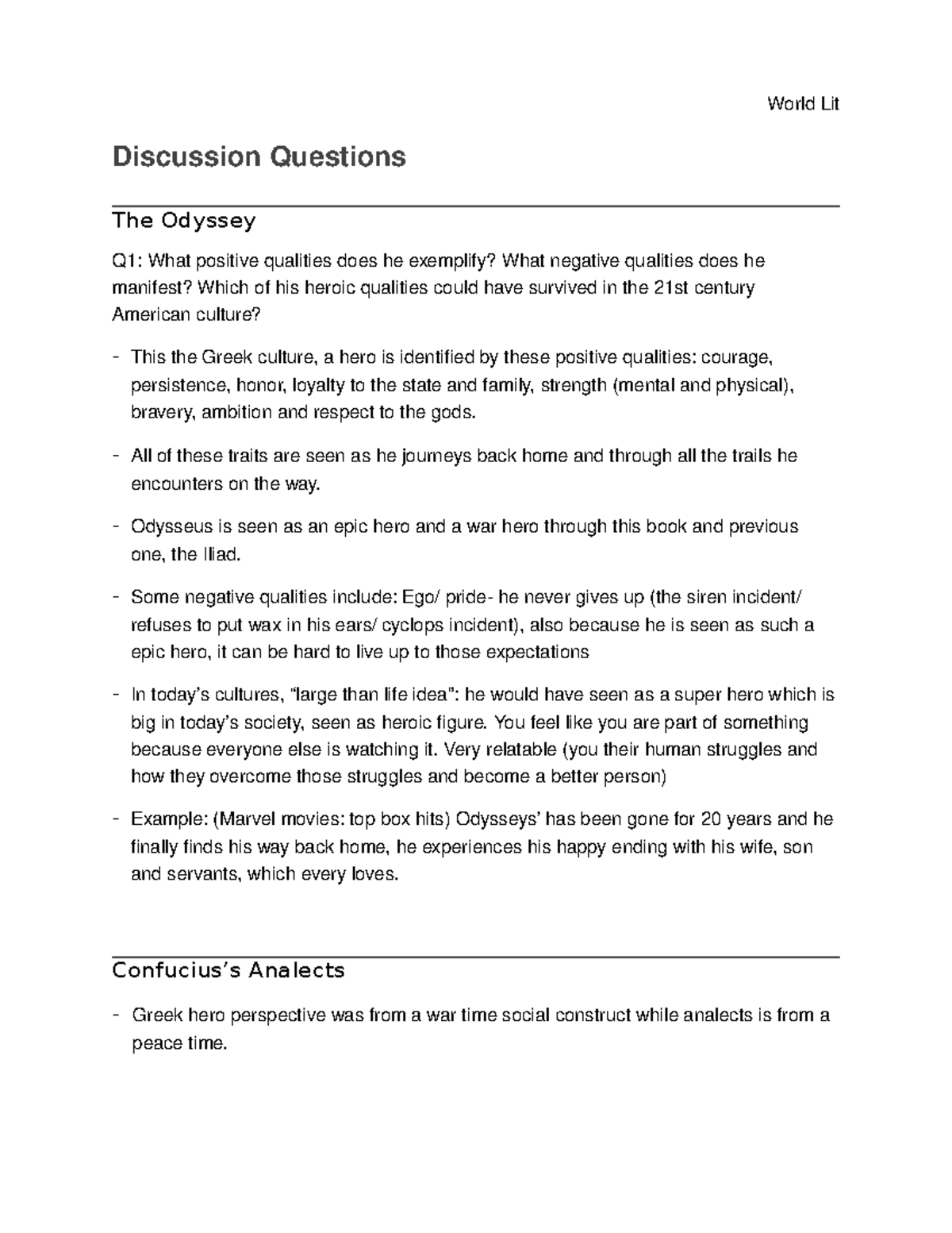 World to Literature Notes - Discussion Questions The Odyssey Q1: What ...