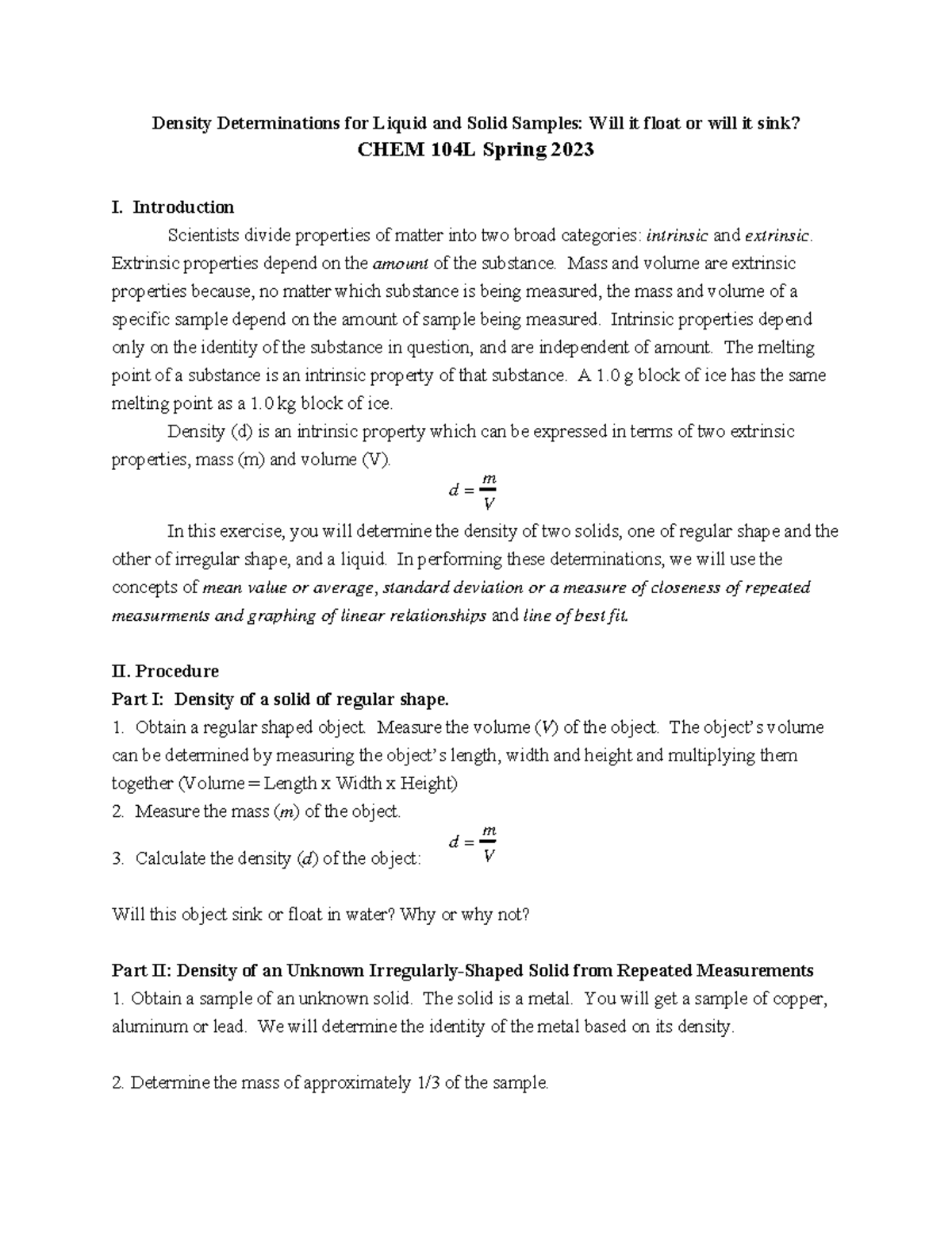 Lab1 - Density - Lab - Density Determinations for Liquid and Solid ...