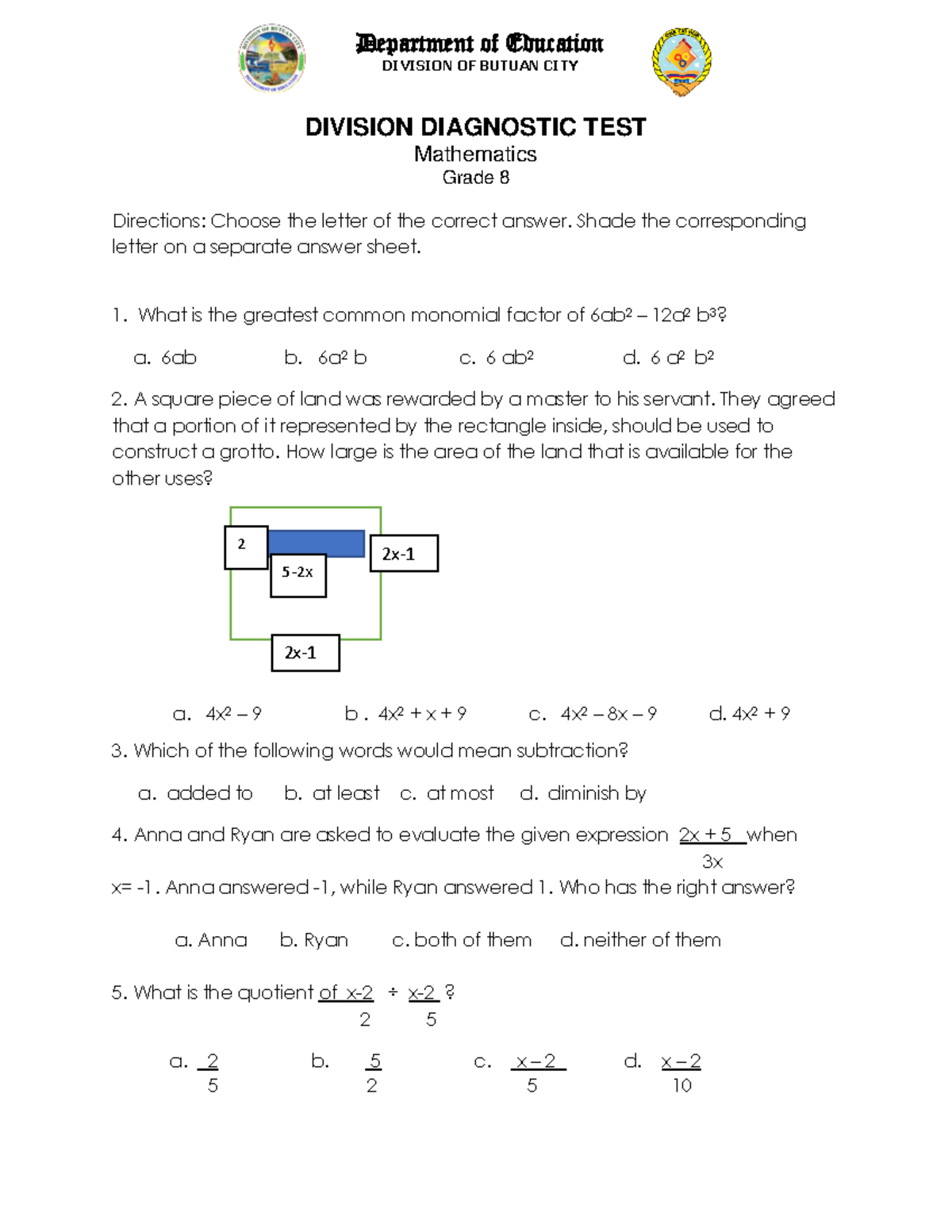 Math 8 Diagnostic Test - DIVISION DIAGNOSTIC TEST Mathematics Grade 8 ...