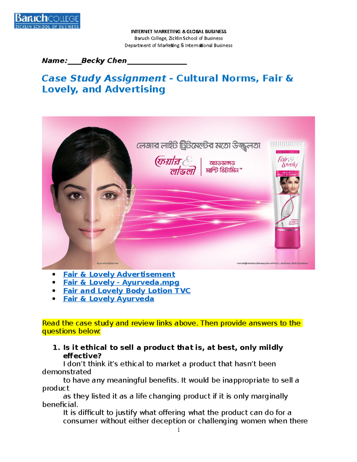 Assignment - Fair Lovely - INTERNET MARKETING & GLOBAL BUSINESS Baruch ...