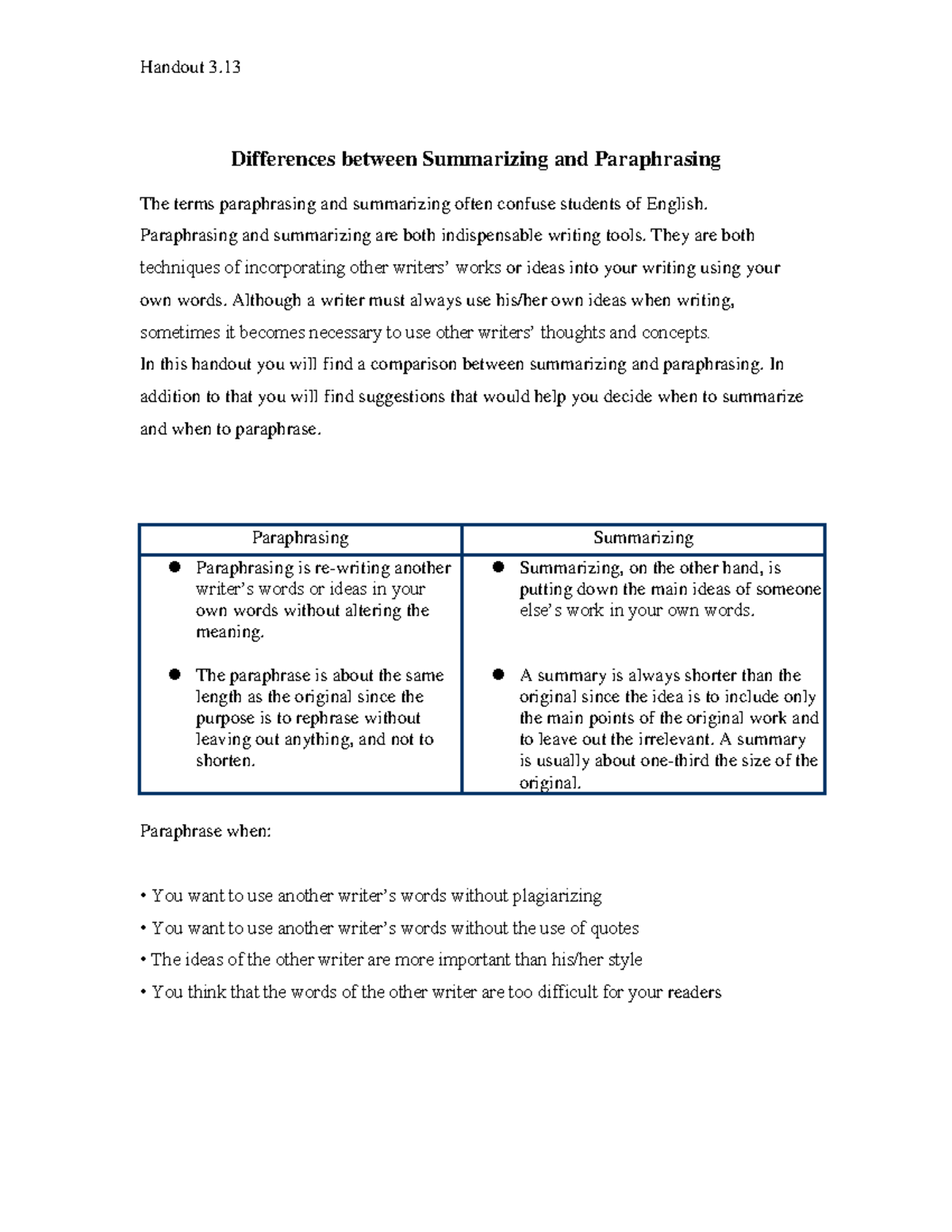 Summarize and Phaprasing - Handout 3. Differences between Summarizing ...