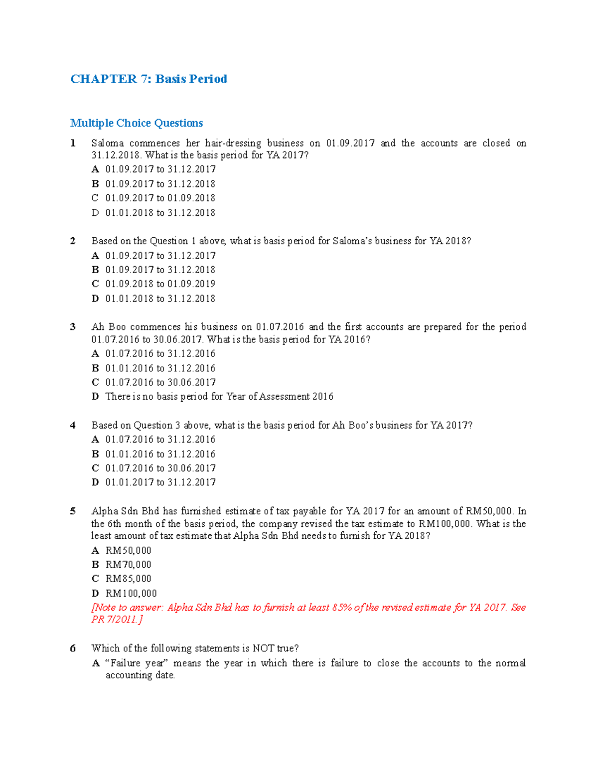 Basis Period - Q - Notes - CHAPTER 7: Basis Period Multiple Choice ...