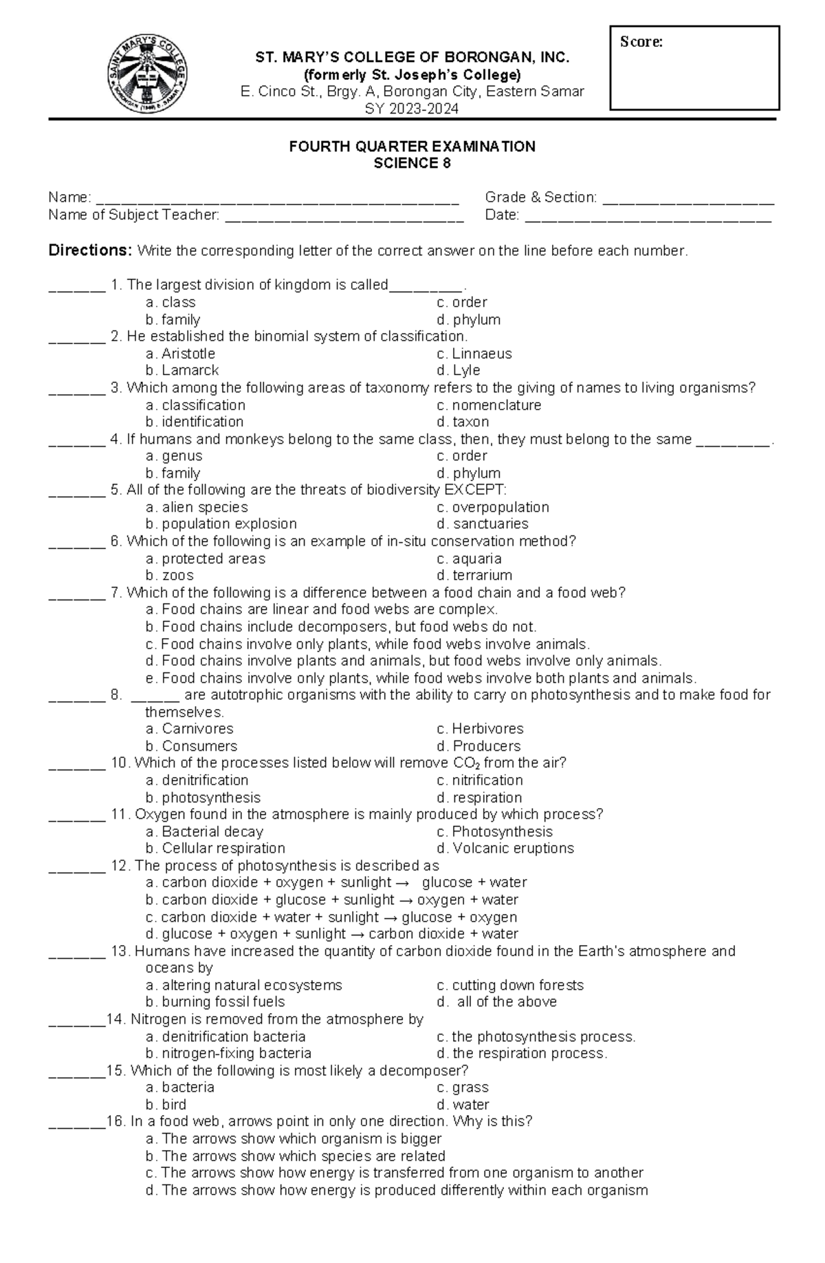 Science Grade 8 4th Quarter - ST. MARY’S COLLEGE OF BORONGAN, INC ...