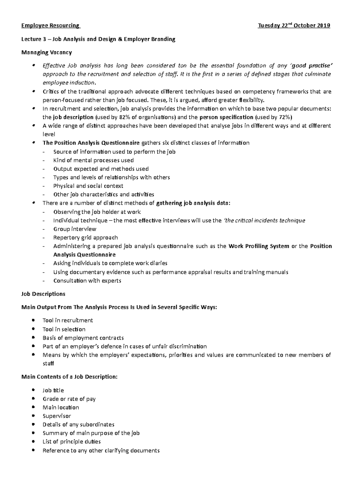 Employee Resourcing Lecture 3 Notes - Employee Resourcing Tuesday 22 nd ...