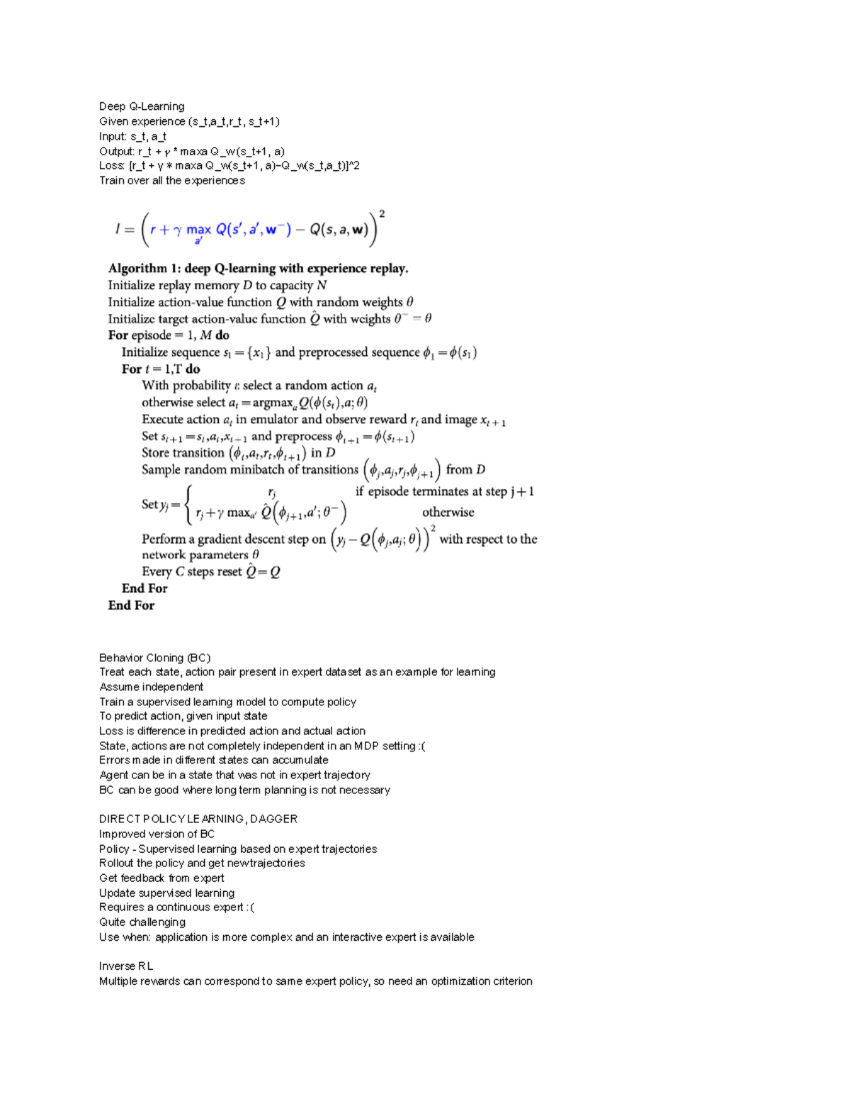 422 cheat sheet - Summary Machine Learning - Deep Q-Learning Given experience (s_t,a_t,r_t, s_t ...