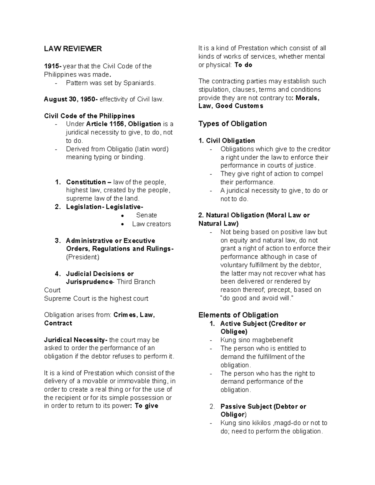 LAW ON Oblicon Notes and Reviewer - LAW REVIEWER 1915- year that the ...