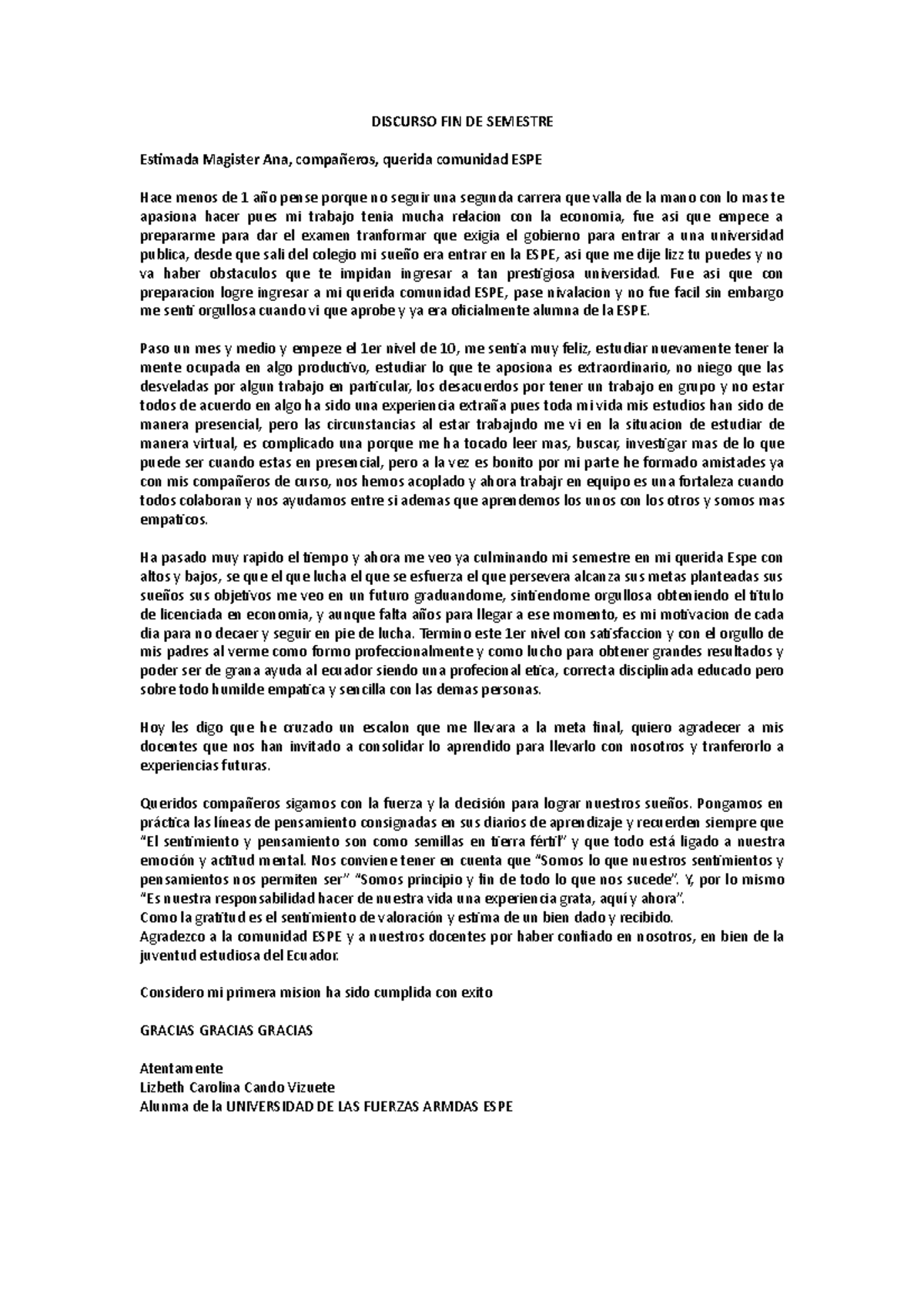 Discurso FIN DE Semestre - DISCURSO FIN DE SEMESTRE Estimada Magister ...