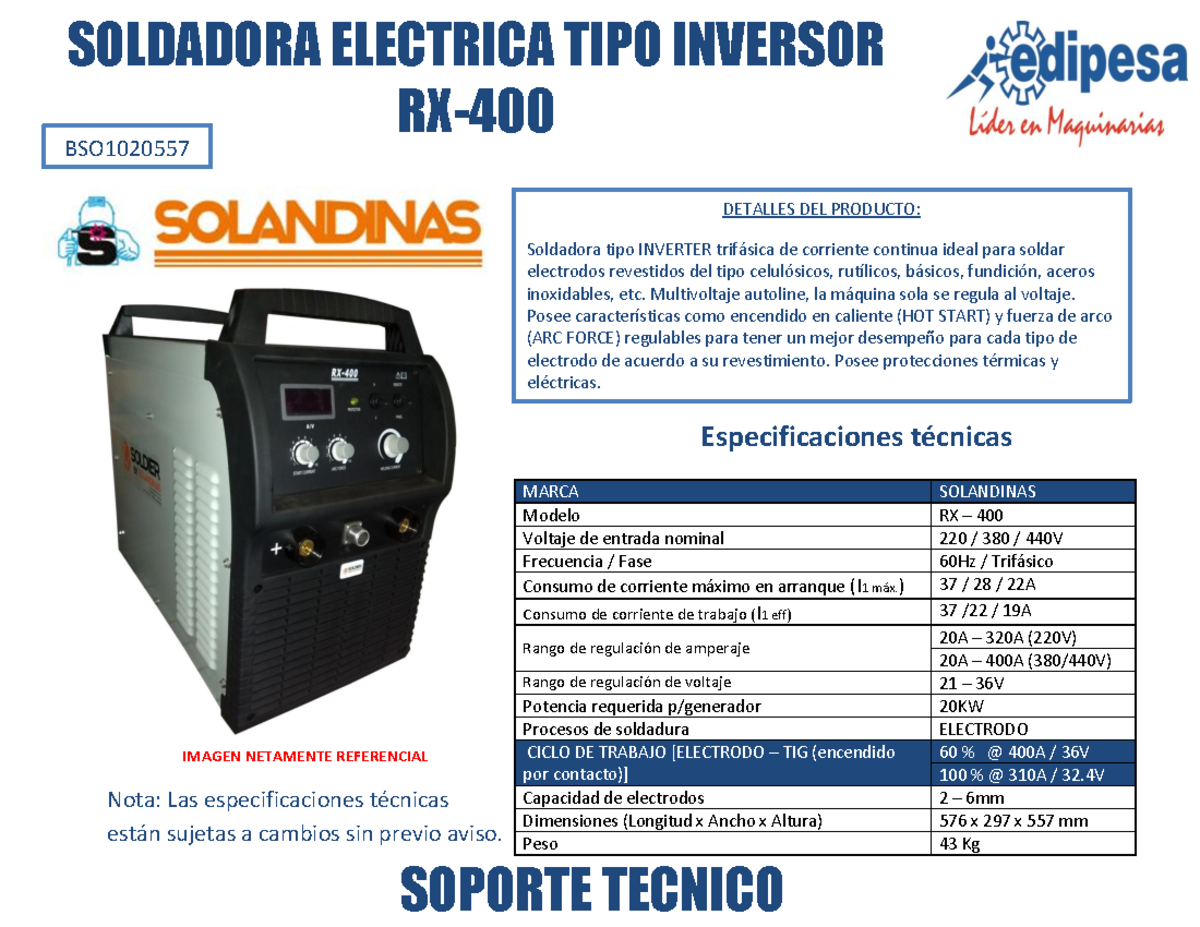 Soldadora T- Inversor 400AMP RX-400 Solandinas (BSO1020557) (16) - SOPORTE TECNICO ...