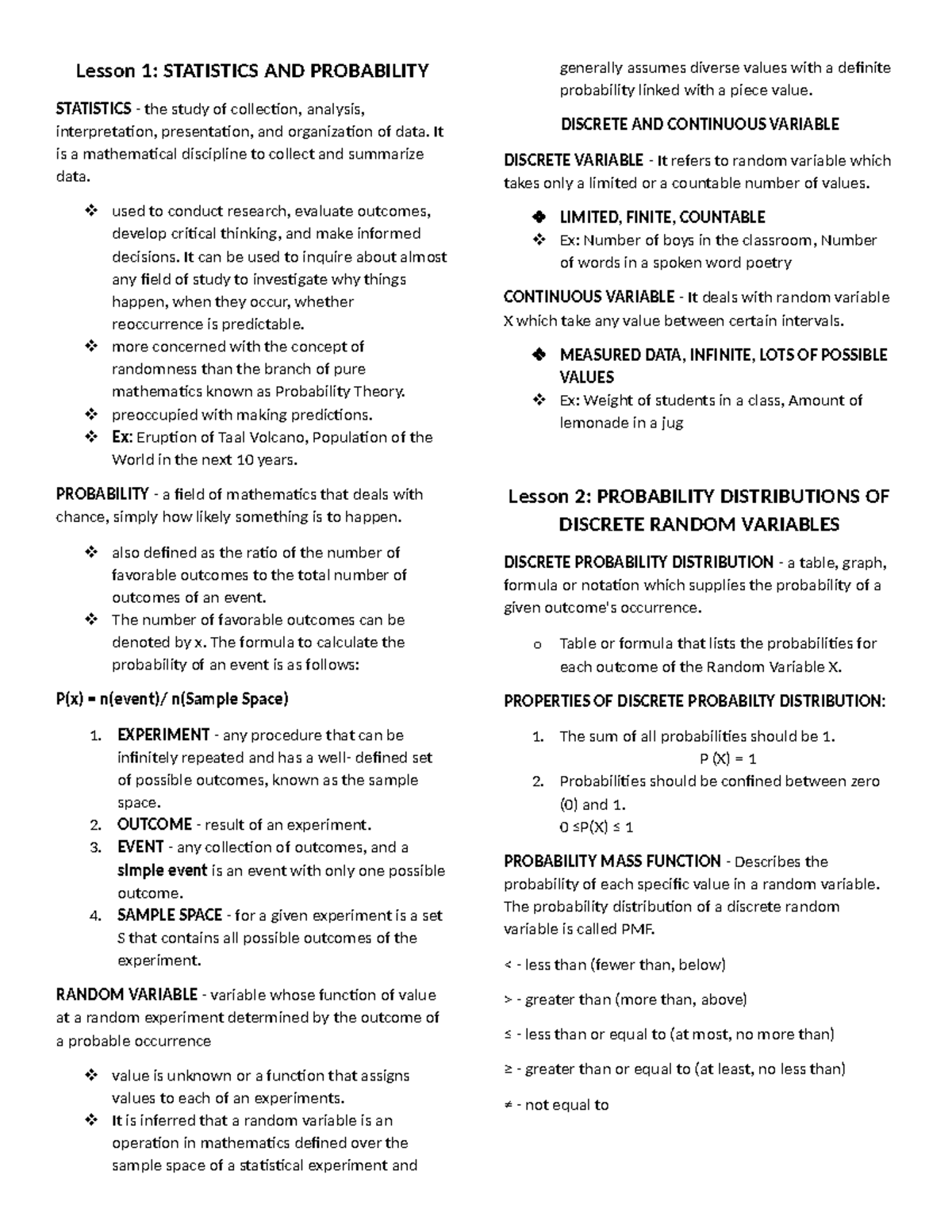 Statistics- Reviewer - Lesson 1: STATISTICS AND PROBABILITY STATISTICS ...