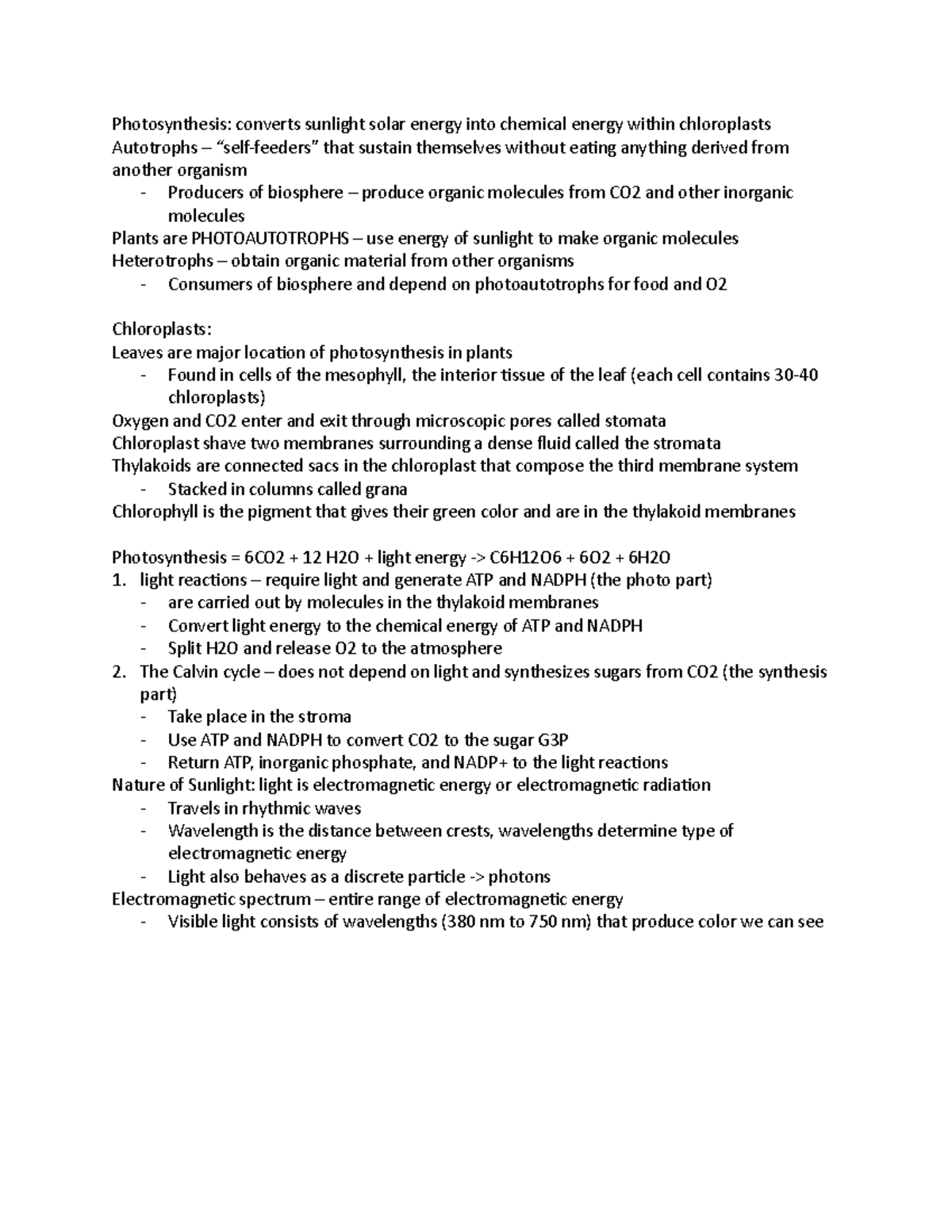 Chapter 10 - notes - Photosynthesis: converts sunlight solar energy ...