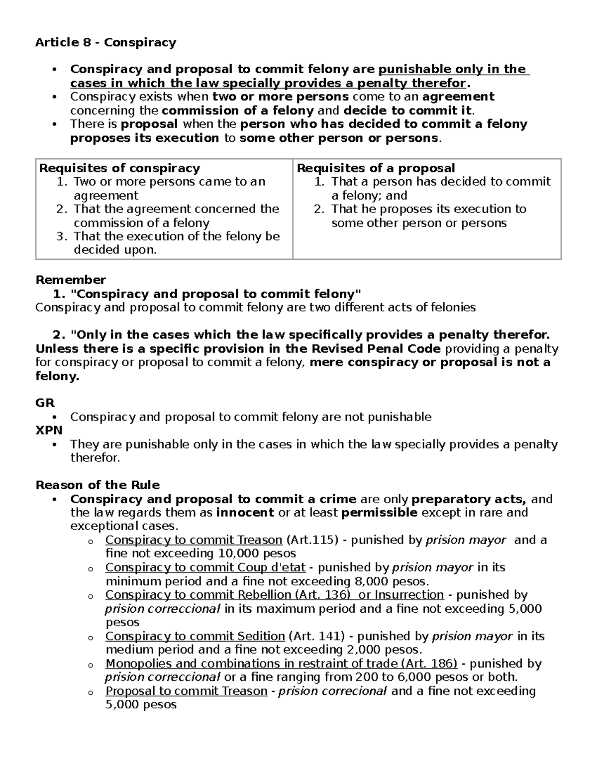 Article 8 of RPC - Article 8 - Conspiracy Conspiracy and proposal to ...