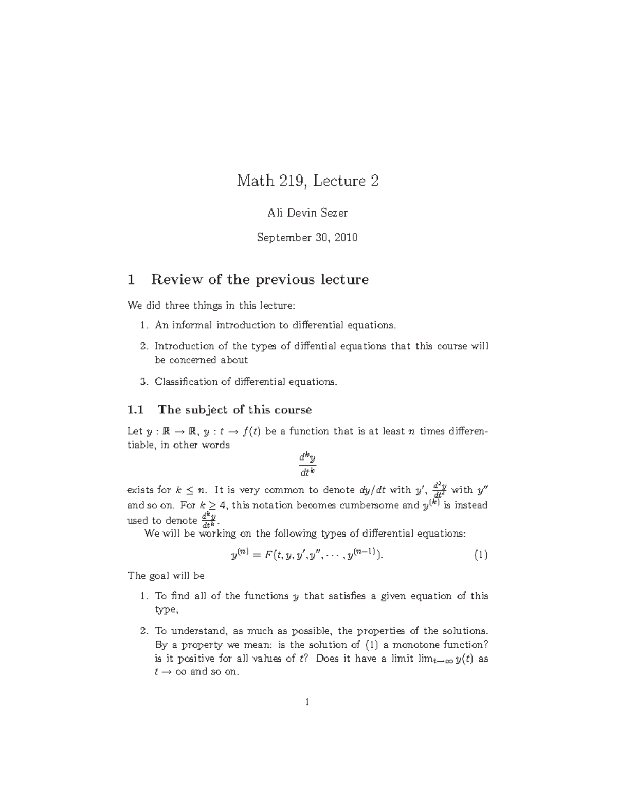 MATH219.2010 1.Lecture Notes 1 - Math 219, Lecture 2 Ali Devin Sezer ...