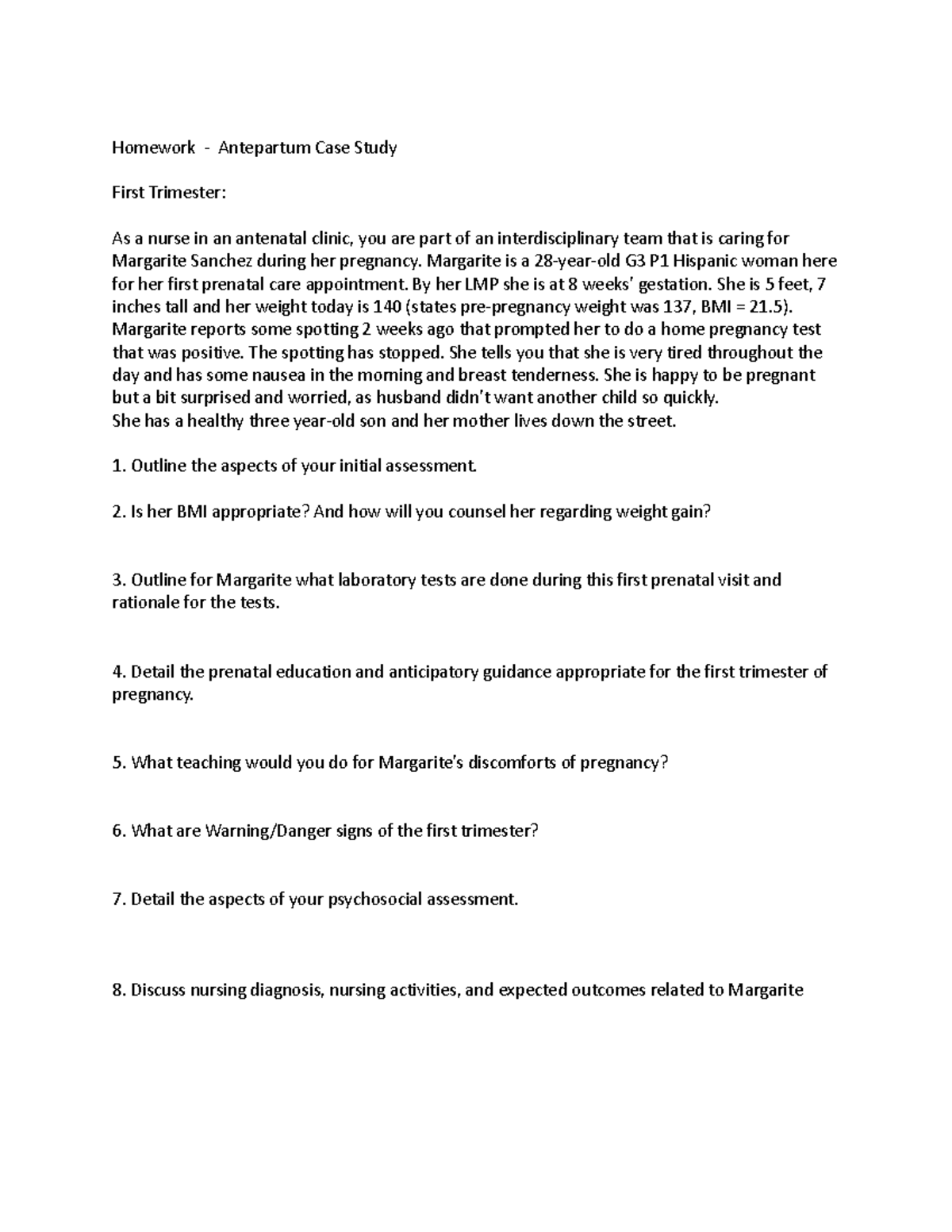 Antepartum Case Study - Homework - Antepartum Case Study First ...