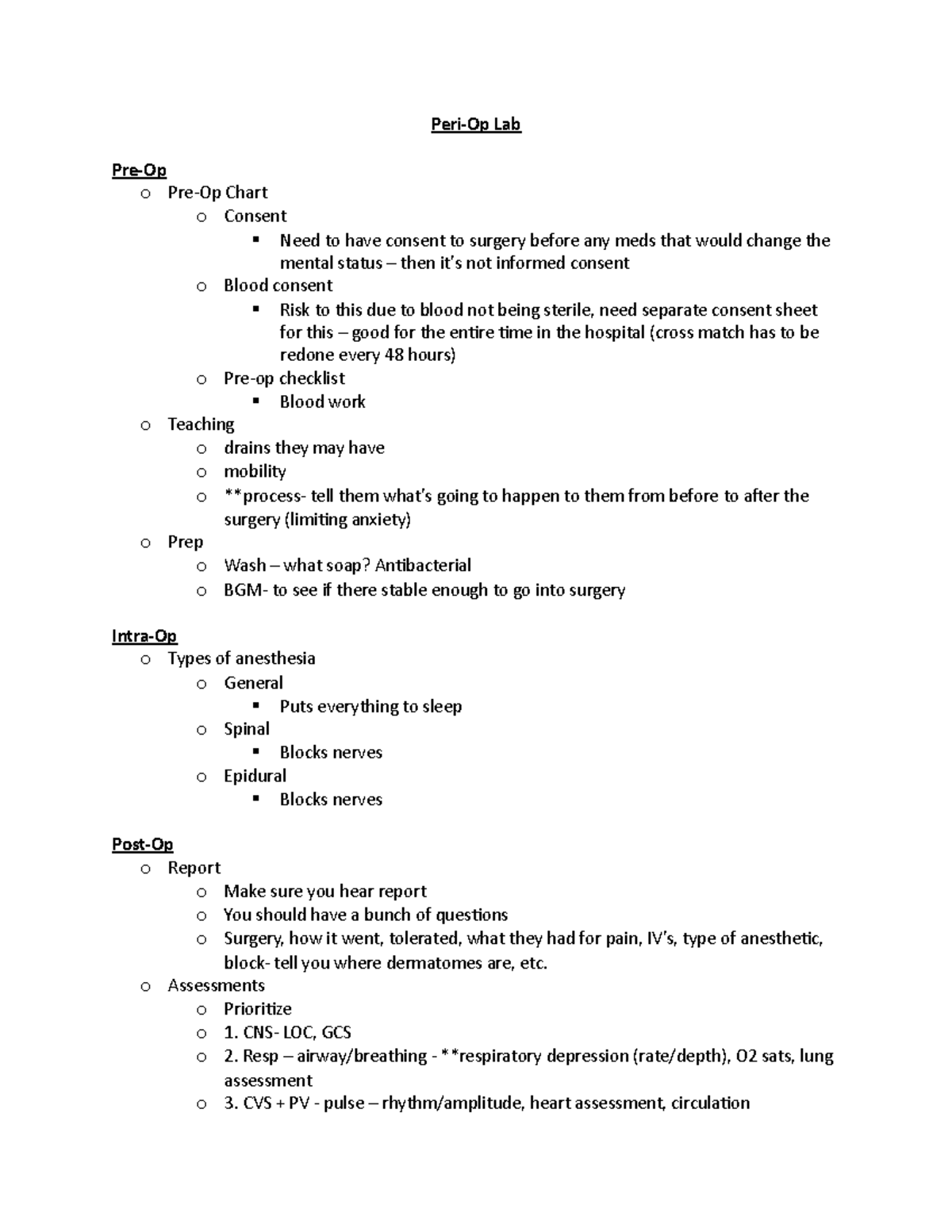 Peri-Op lab notes - Beverly Pongracz is the professor - Peri-Op Lab Pre ...