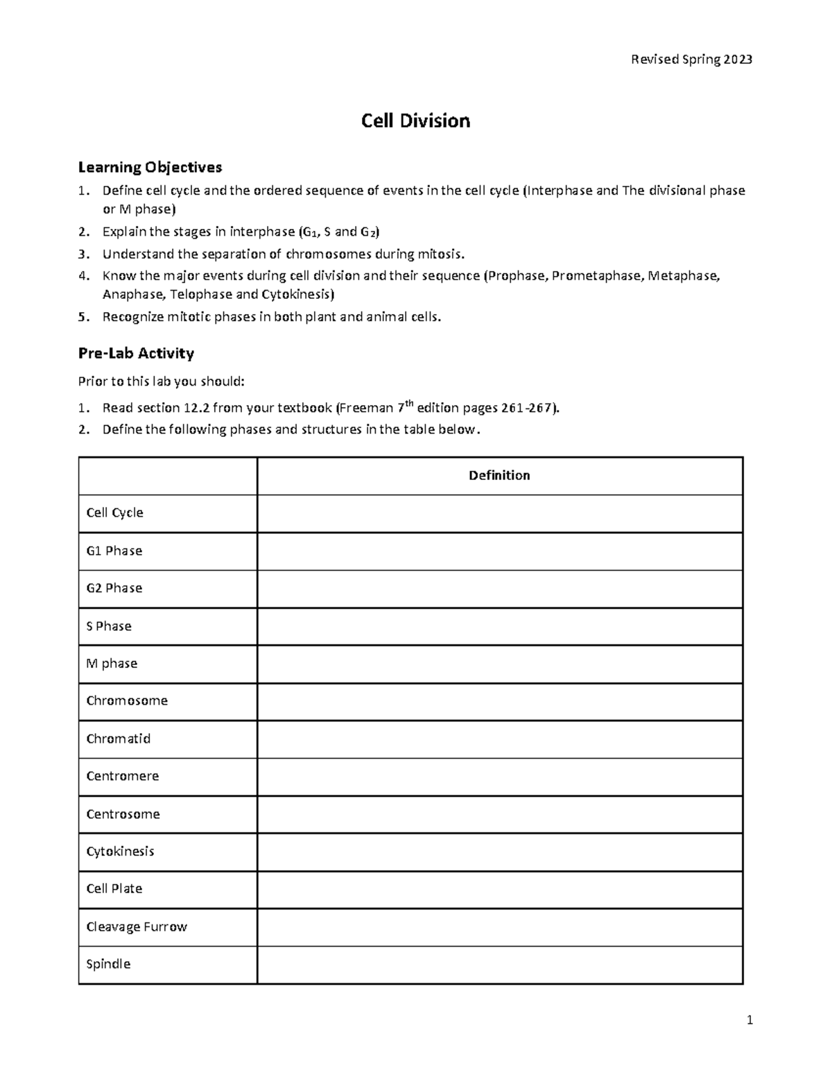 1107 Lab 8 - Cell Division S23 - Cell Division Learning Objectives ...