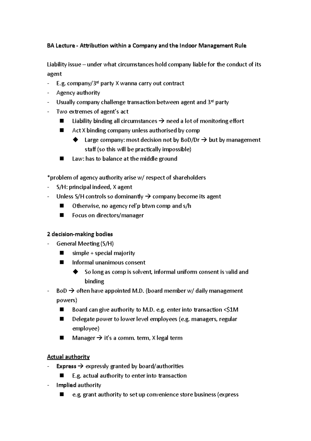 BA Lecture - Agency Authority and Indoor Management Rule - BA Lecture ...