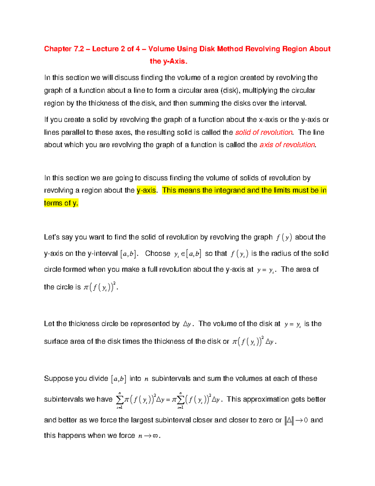 Chapter 7.2 Lecture 2 of 4 Volume Using Disk Method Revolving Region ...