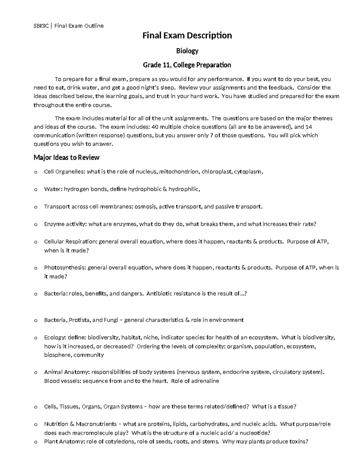 SBI3C Final Exam Description - SBI3C | Final Exam Outline Final Exam ...