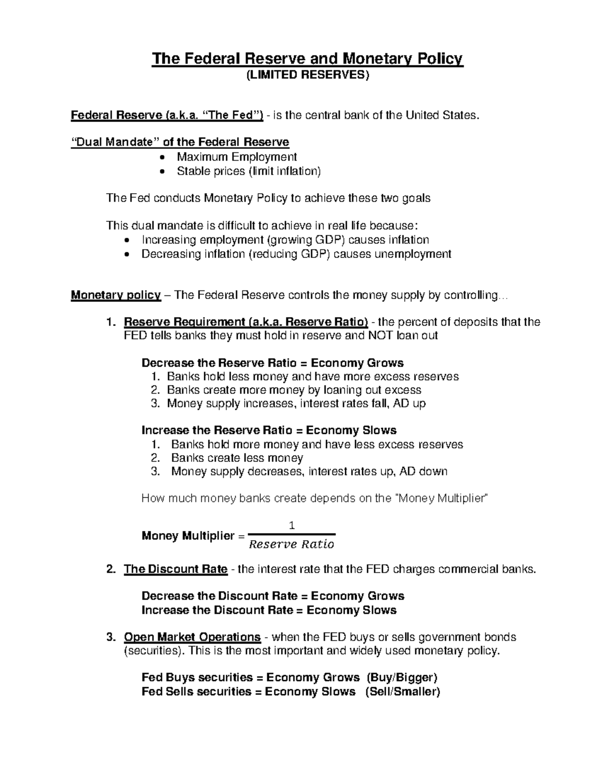 Monetary+Policy+(Limited+Reserves)+Notes - The Federal Reserve and ...