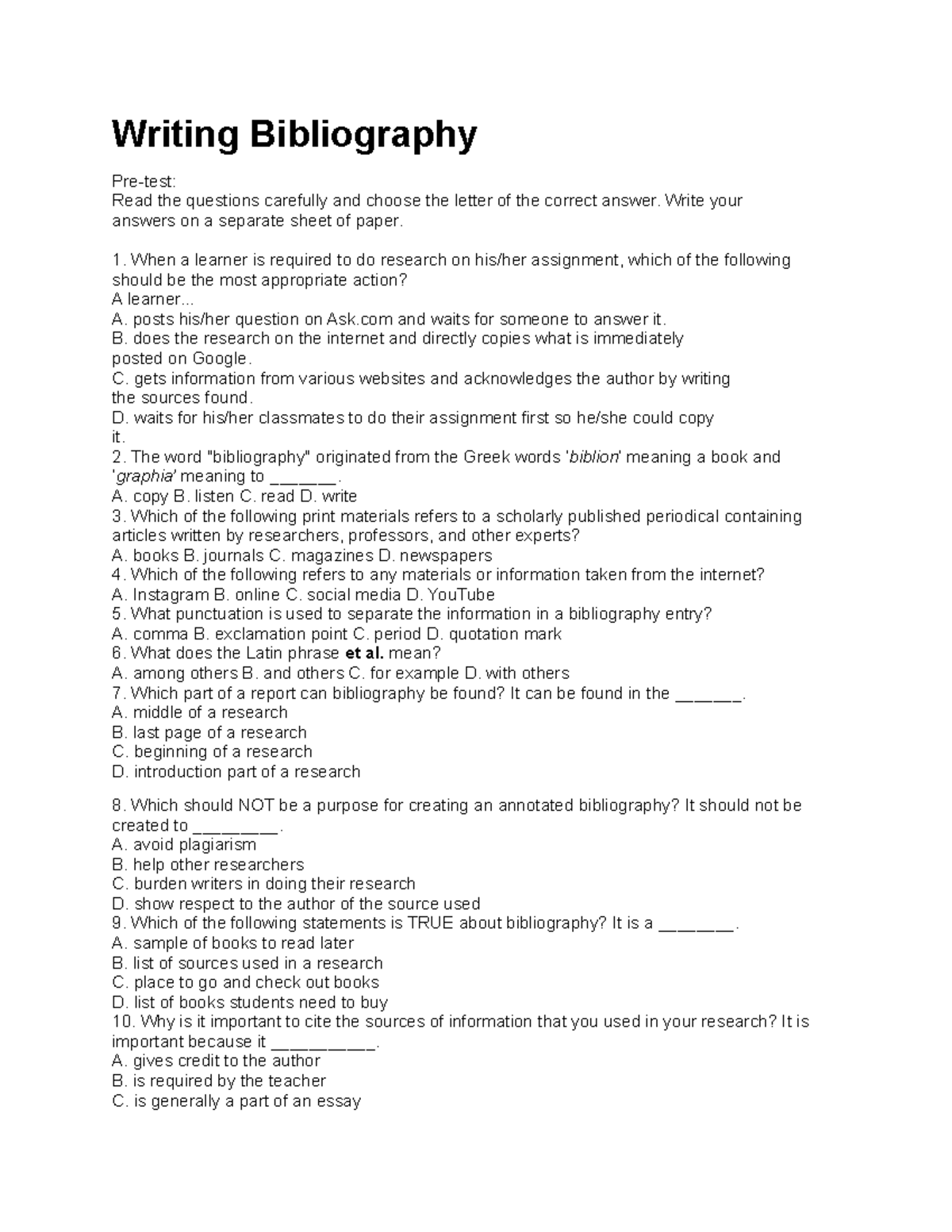 Writing Bibliography - kkkkkk - Writing Bibliography Pre-test: Read the ...