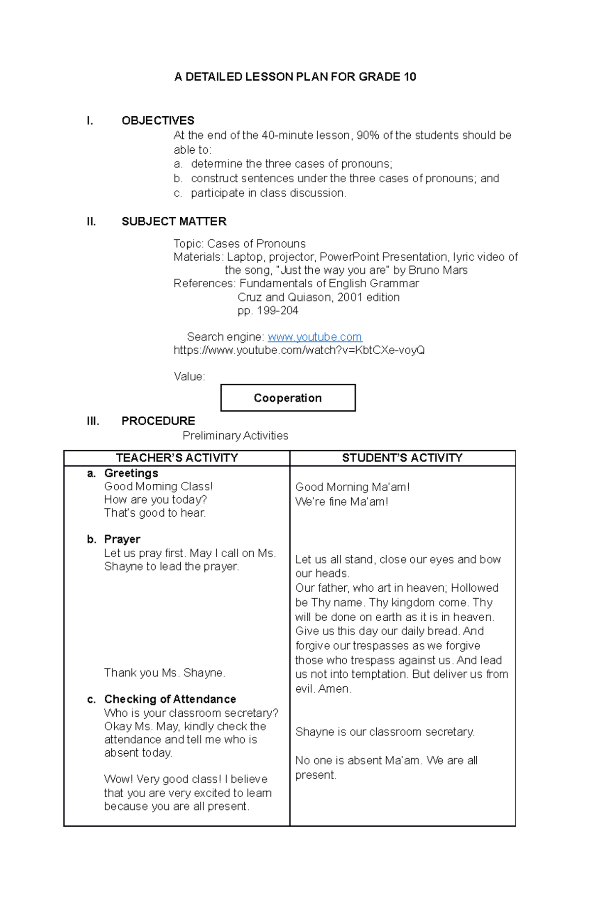 366849172 A Detailed Lesson Plan For Grade 10 4 Cases Of Pronouns A