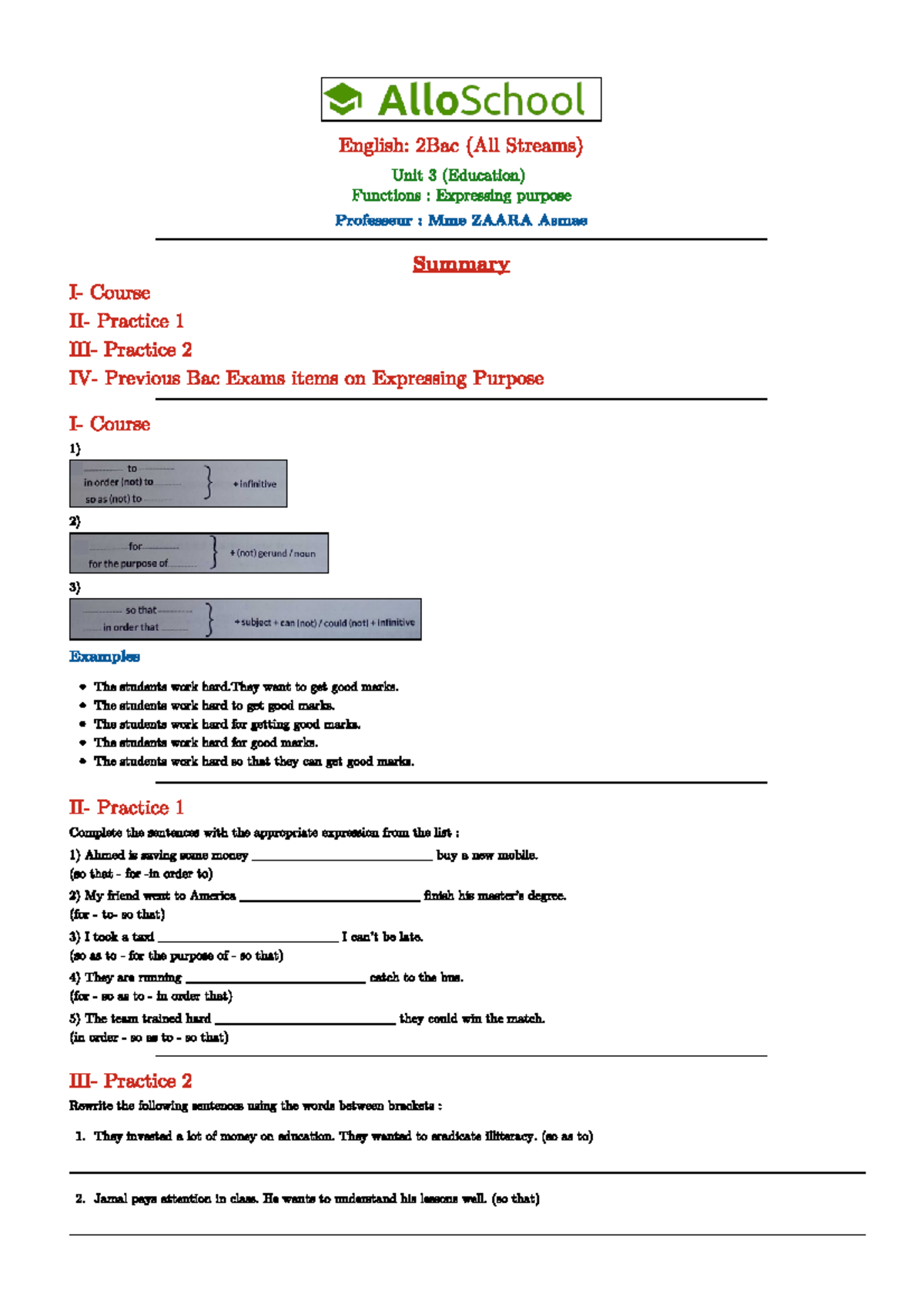 Functions 3 expressing purpose - English - Studocu