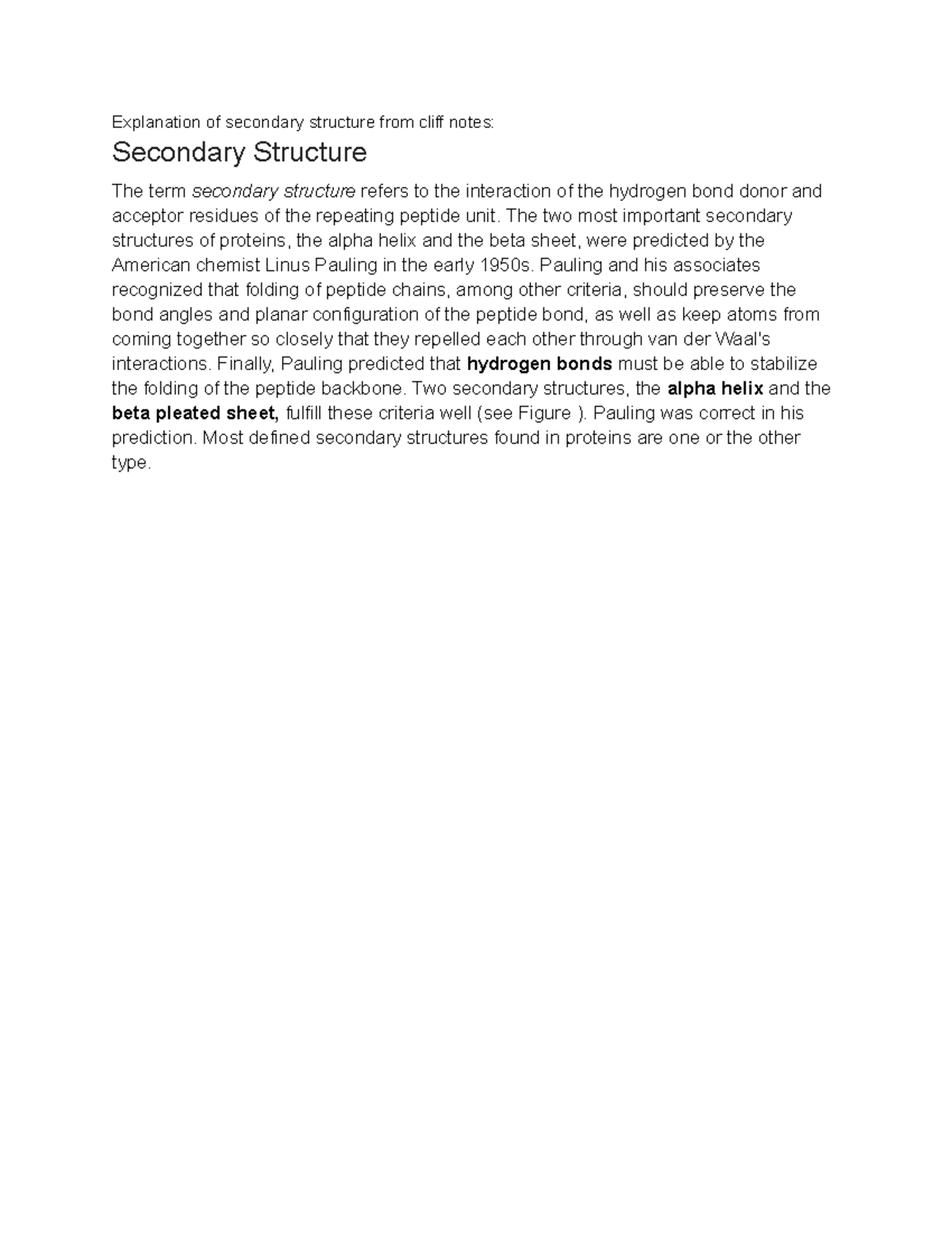 Explanation of secondary structure from cliff notes - The two most ...