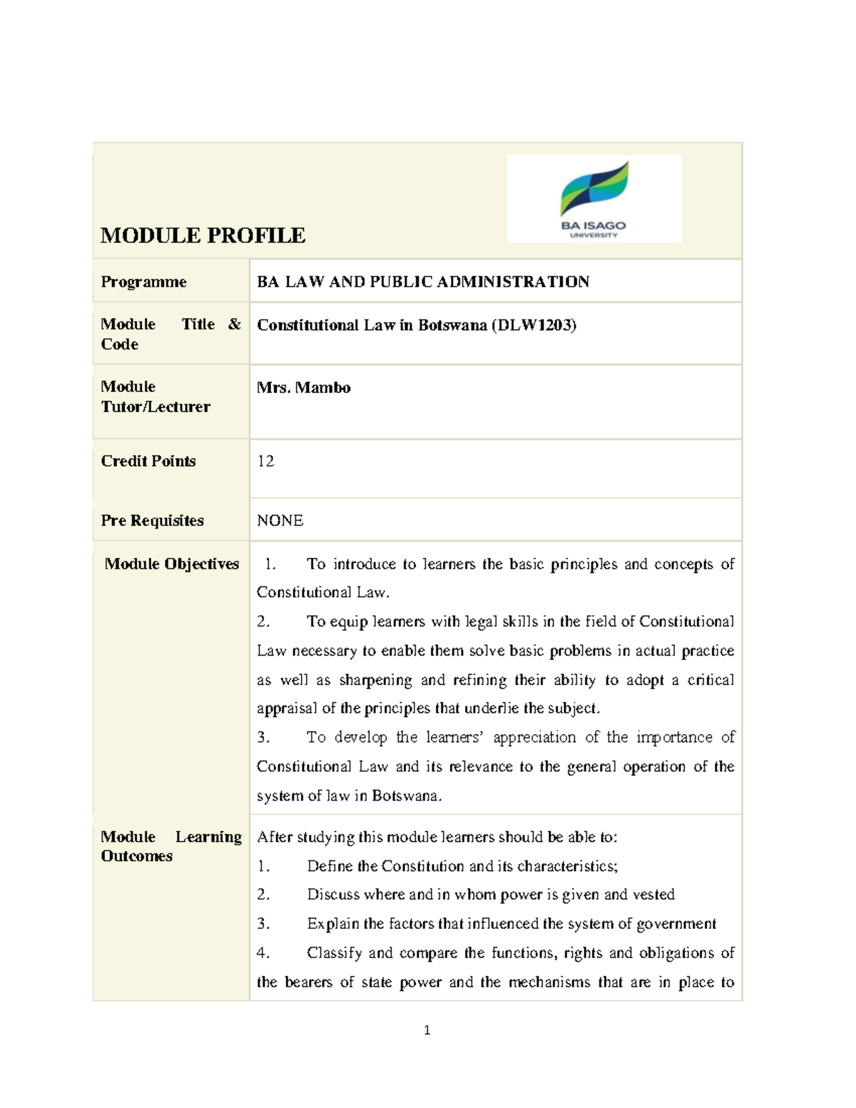 Constitutional Law module Profile - MODULE PROFILE Programme BA LAW AND ...