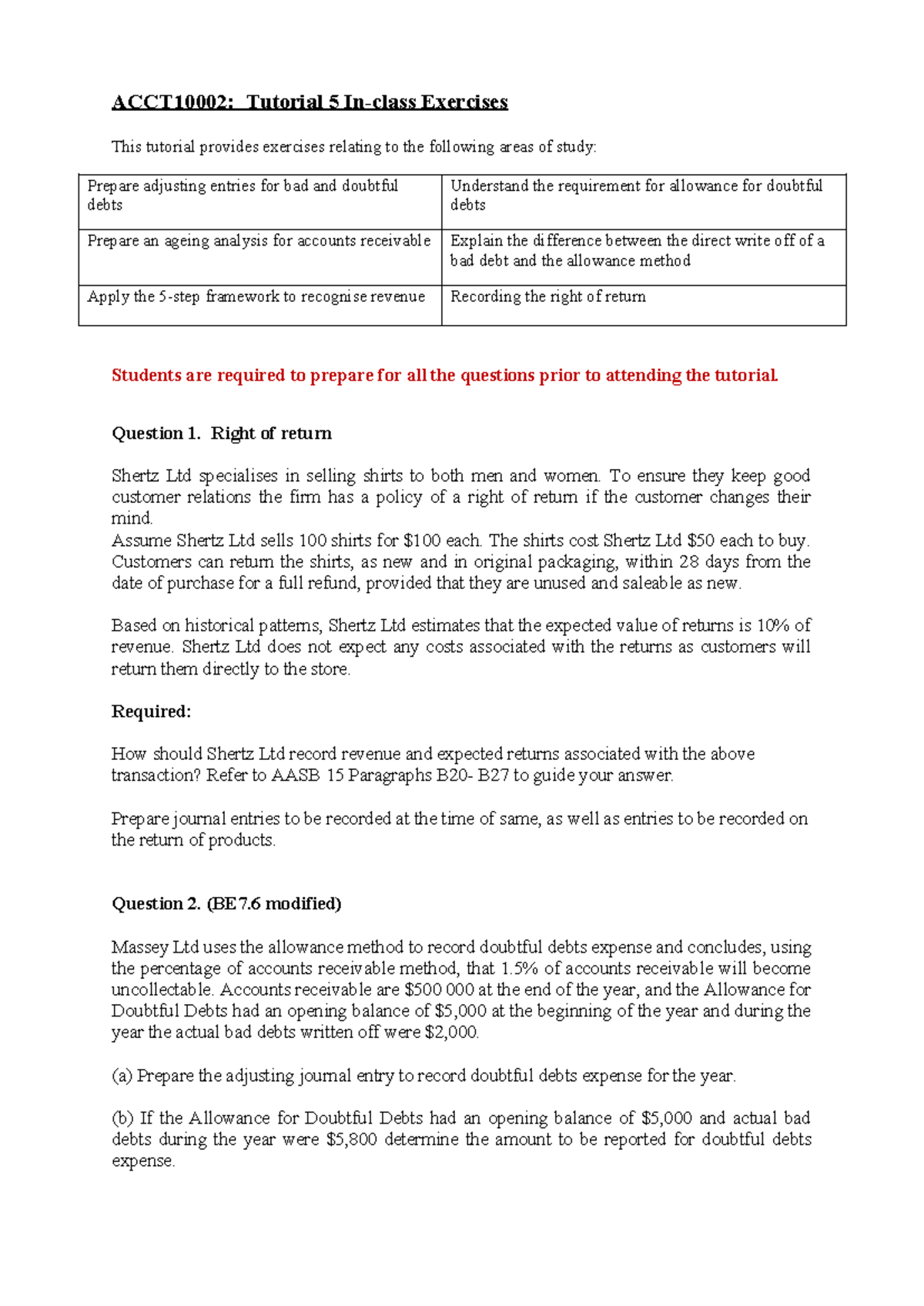 ACCT10001 Tutorial 5 In-class Exercises - ACCT10002: Tutorial 5 In-class Exercises This tutorial ...